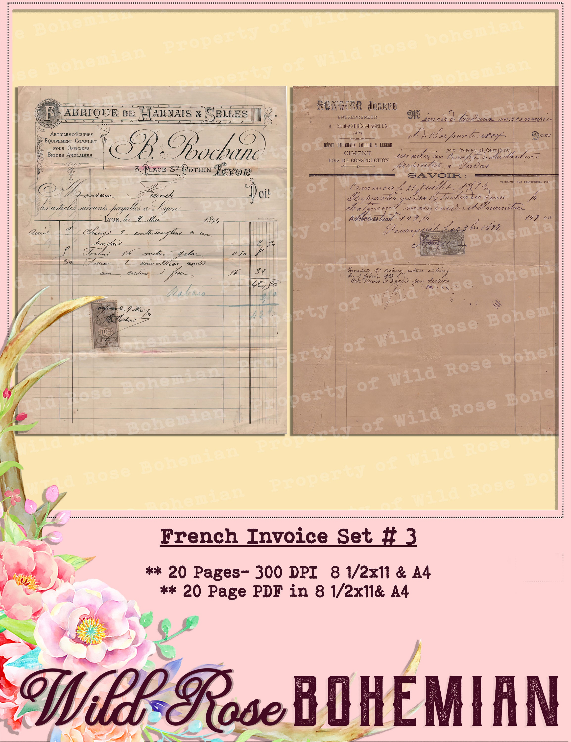 French Invoices Digital Printable, Printable French Ephemera, French ...
