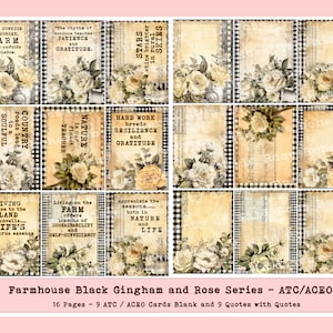 Farmhouse Black Gingham and Rose ATC Cards, Farmhouse Printable Quotes ...