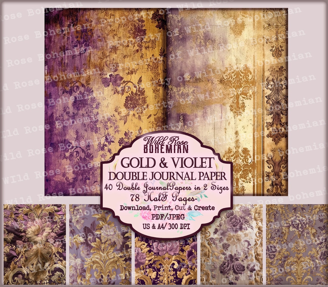 Purple and Gold Digital Printable Paper, Damask Violette and Gold ...