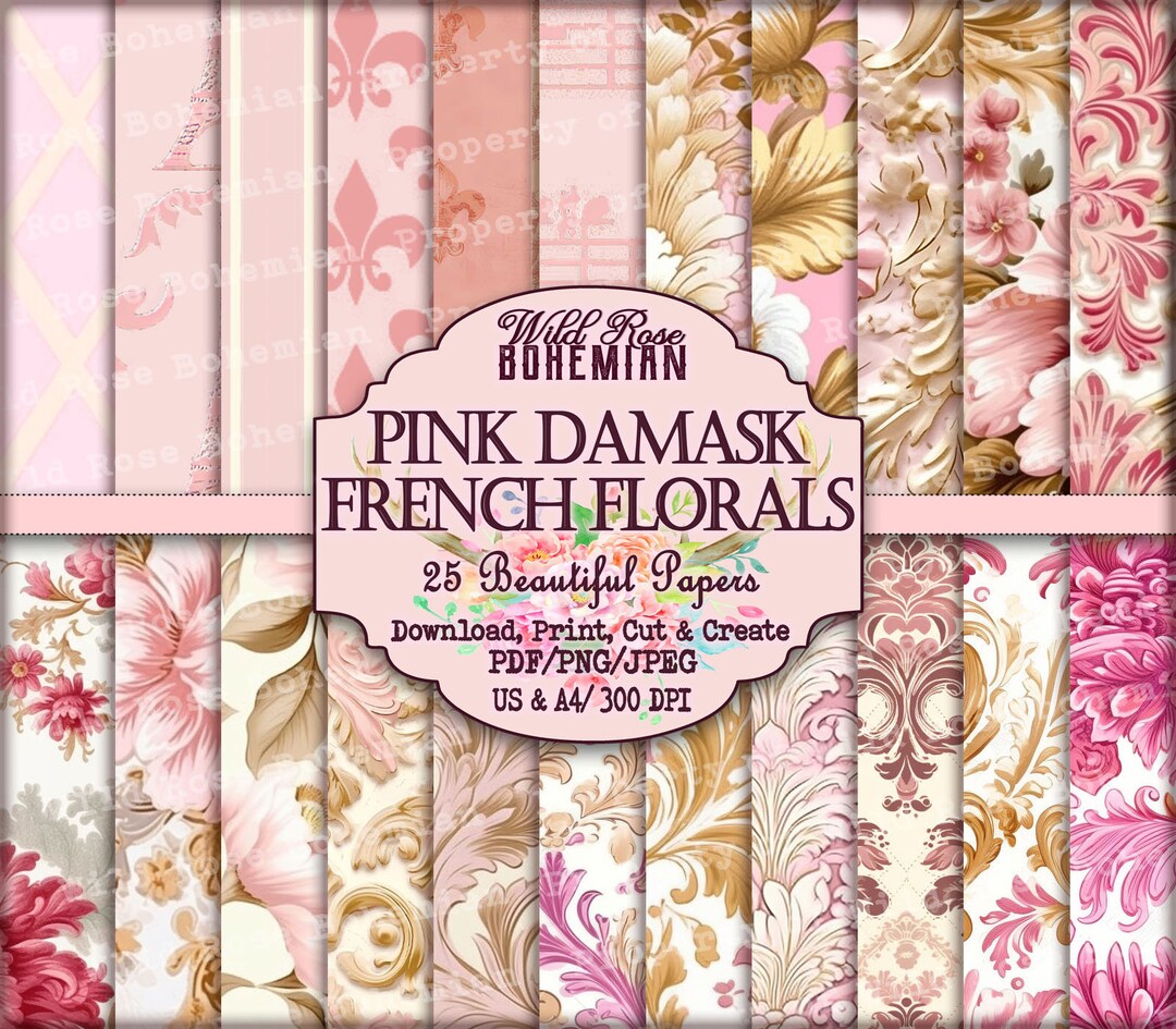 Pink Damask Floral Digital Printable, Printable French Pink Paper ...