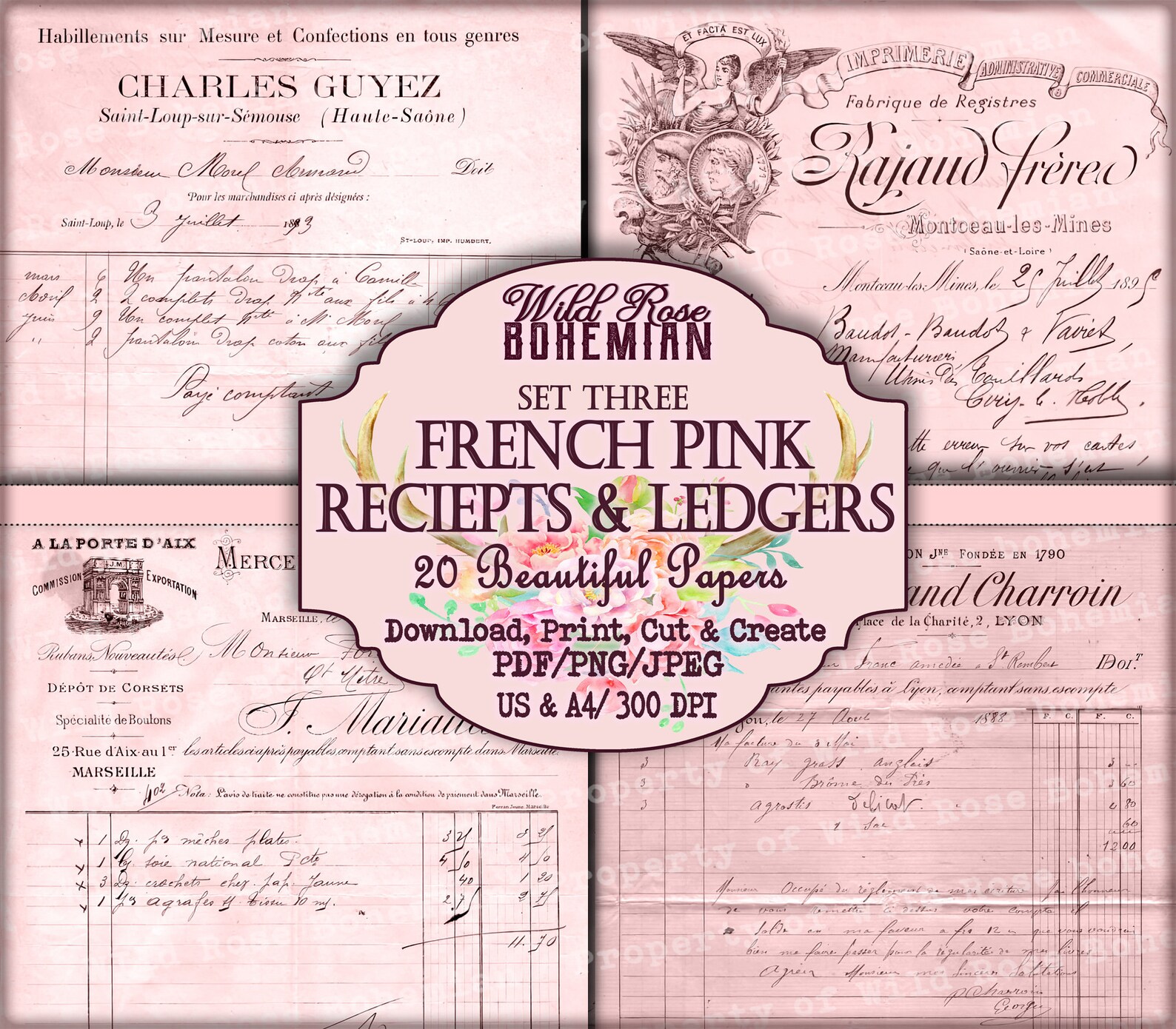 Pink French Receipt Ephemera: Vintage Printable Paper (PDF) - Etsy