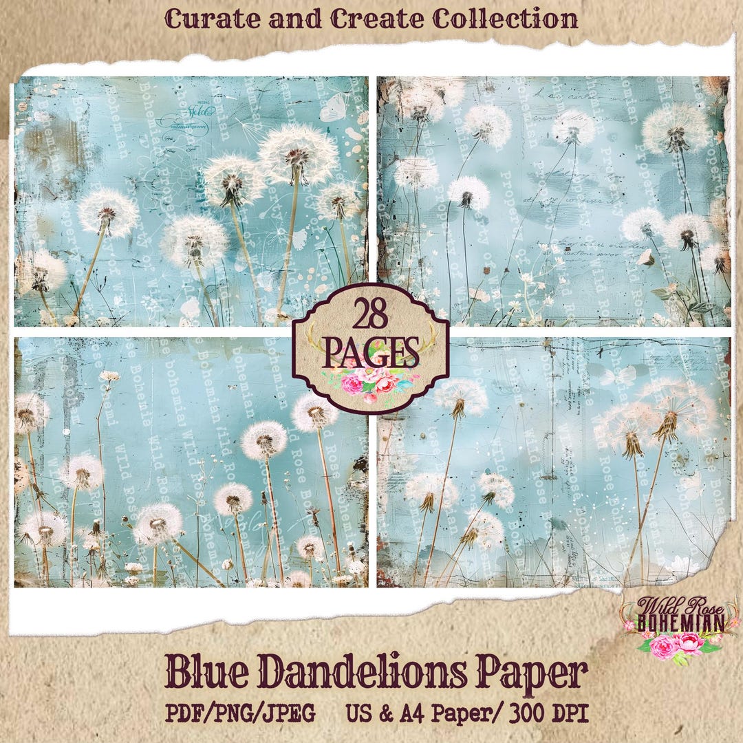 Blue Dandelions Digital Paper Pack: Vintage Floral Scrapbook Pages ...
