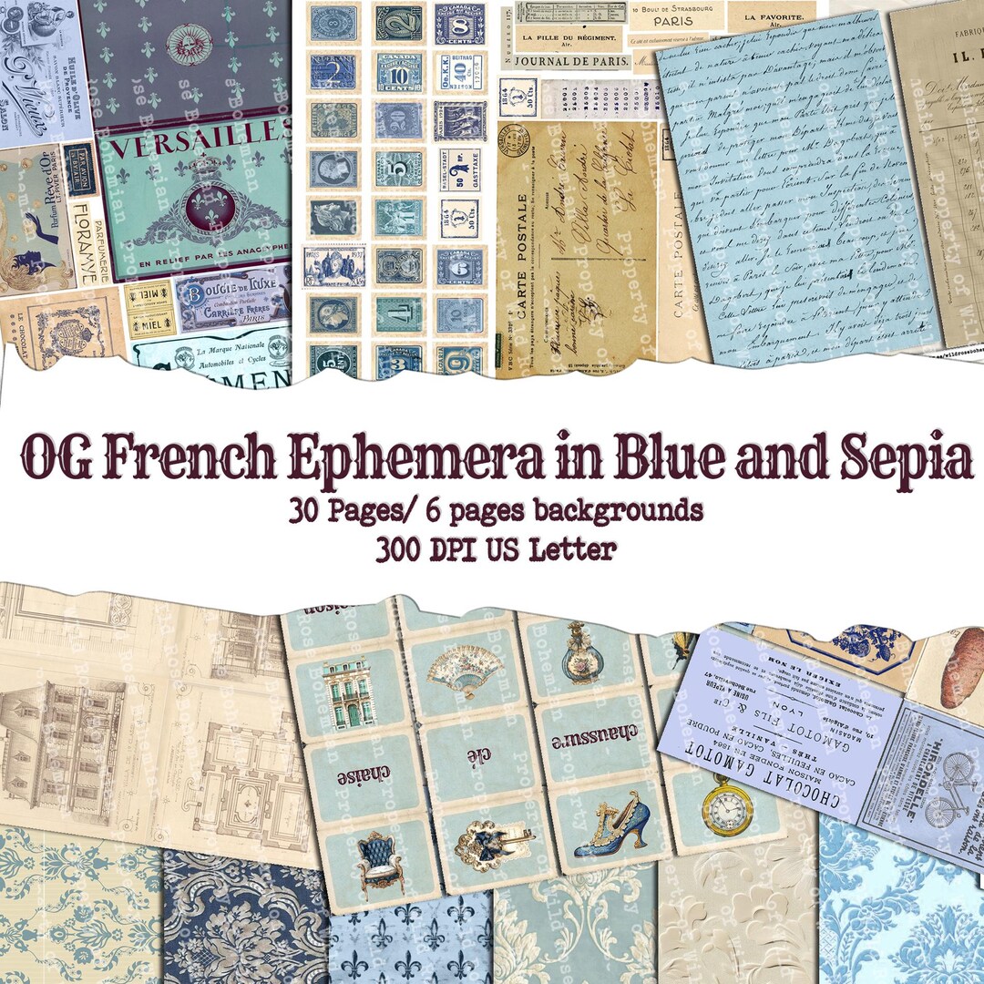 Vintage French Ephemera Pack: Blue & Sepia Parisian Designs (digital ...