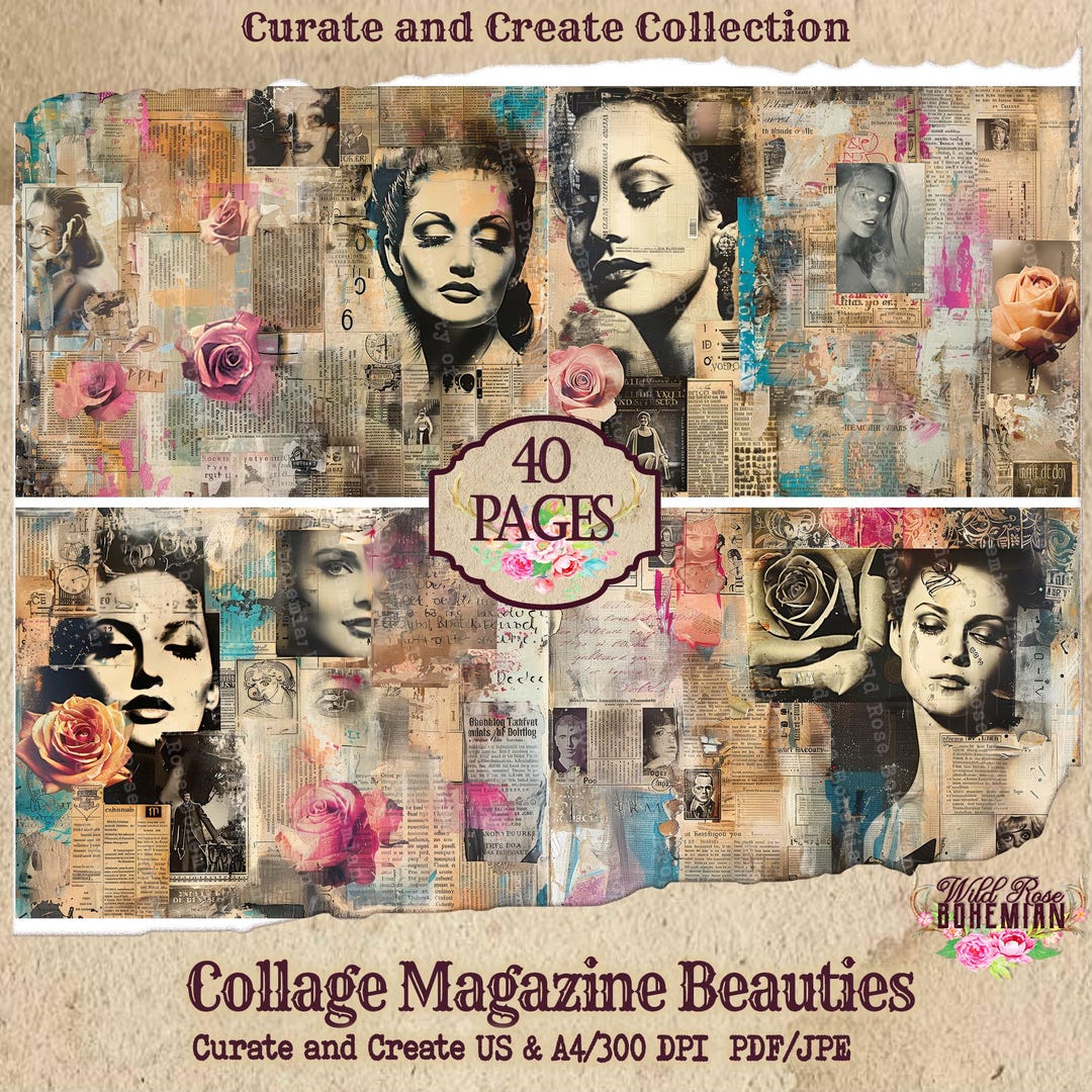 Collaged Magazine Digital Paper Pack | Vintage Beauties Printable ...