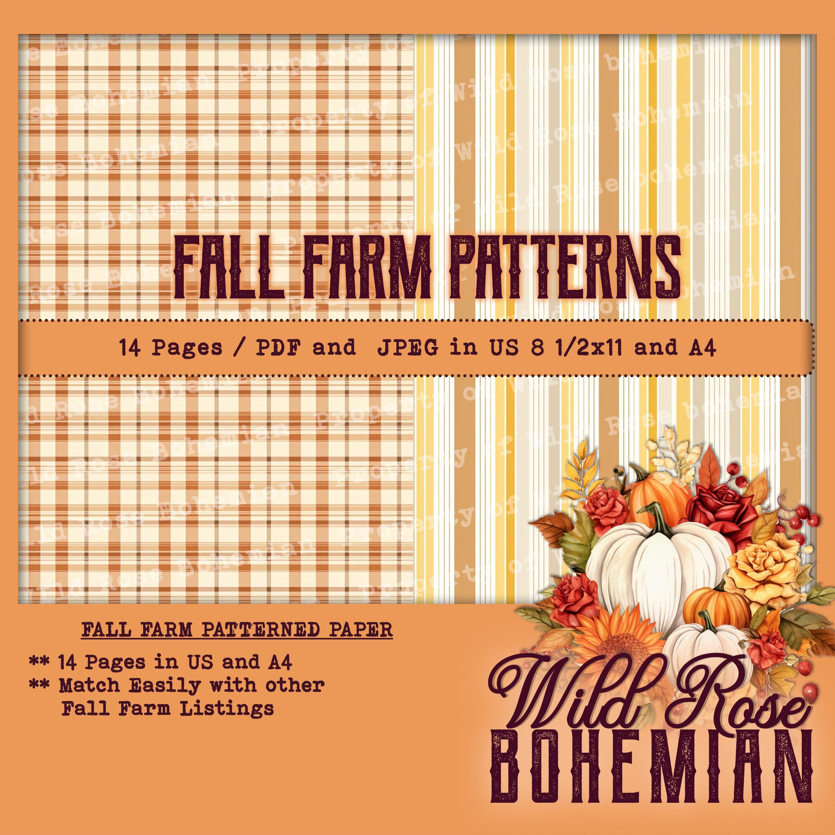 Gingham and Fall Farm Harvest Digital Paper, Fall Farm Harvest Pages ...