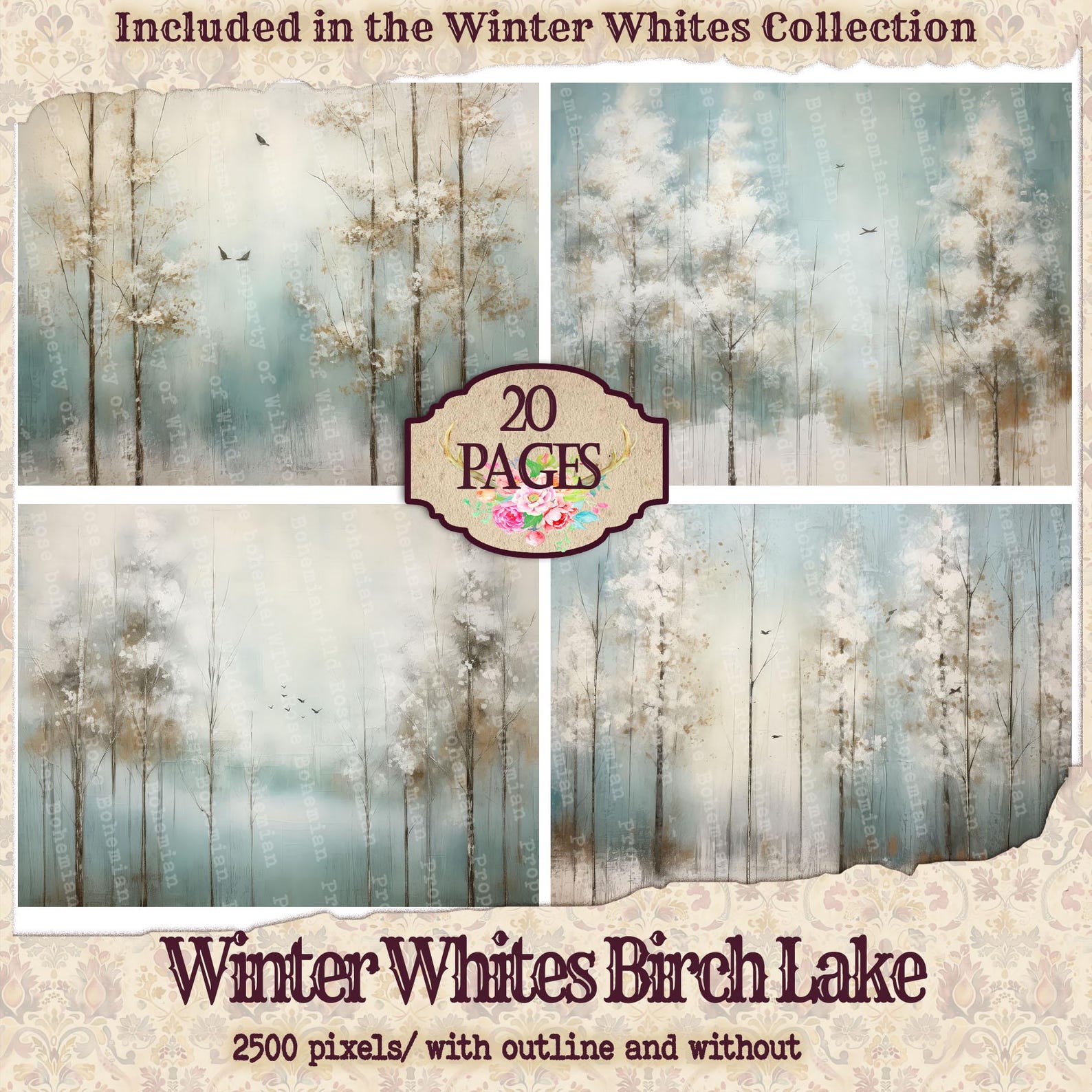Winter Birch Lake Junk Journal Paper, Winter Scene, Forest Scene ...
