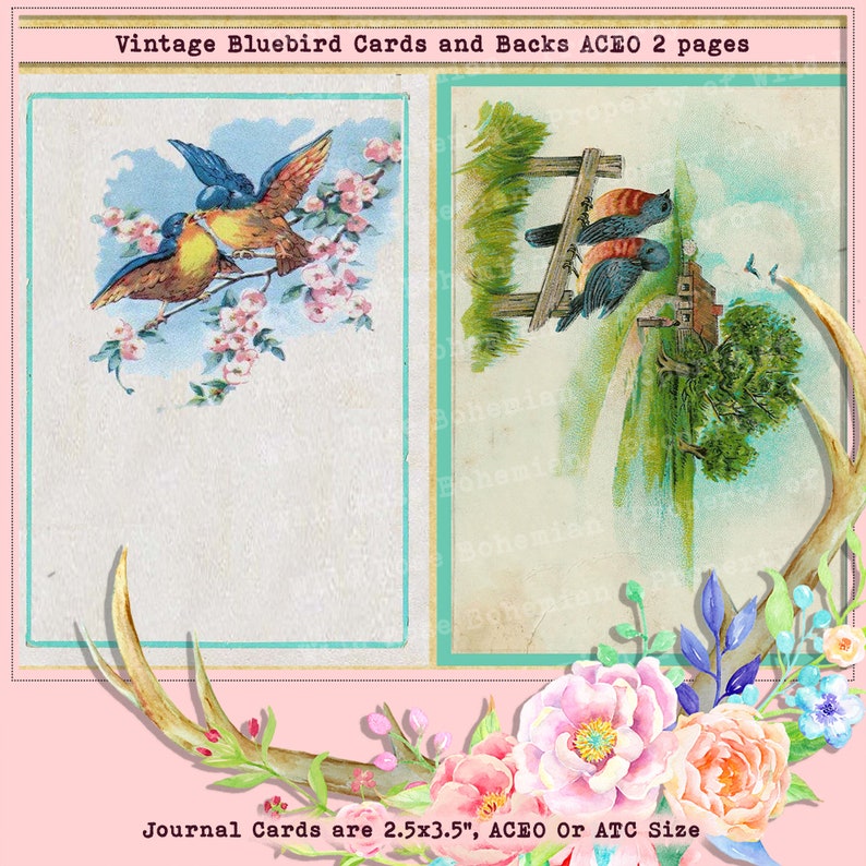 Vintage Ephemera Blue Bird of Happiness Printable Postcards Journal ...