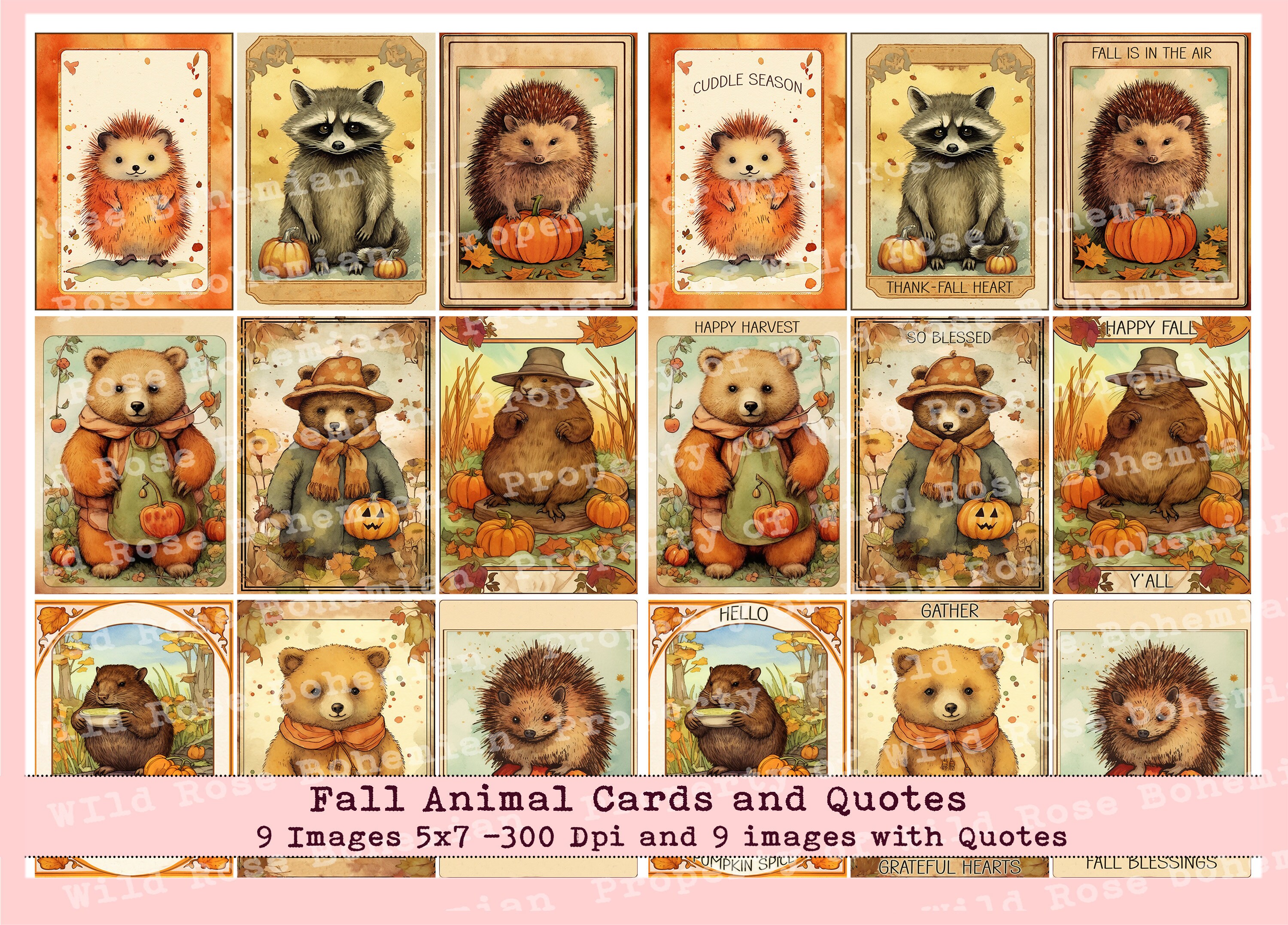 Fall Sentiments Printable Cute Animals, Fall Junk Journal Cards, Fall ...