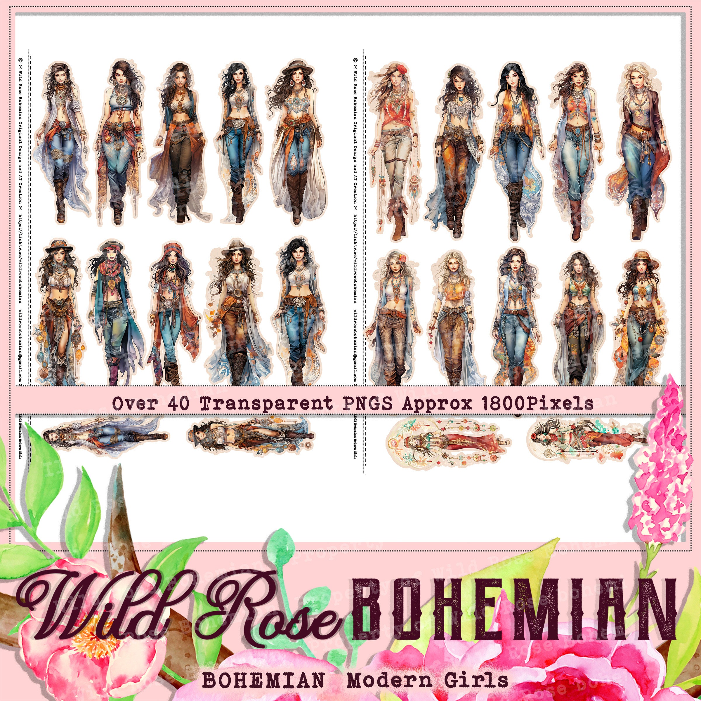 Boho Girls Fussy Cut Stickers: Bohemian Collage Sheet (printable ...