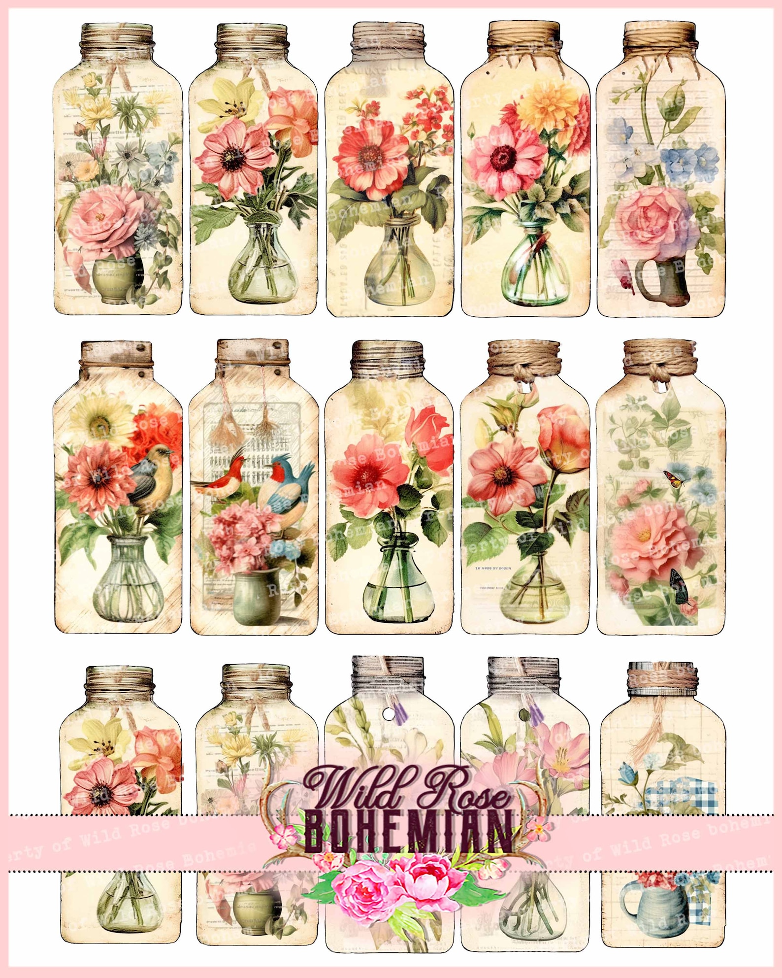 Vintage Floral Tags Junk Journal Ephemera Kit, Vintage Floral Tags ...