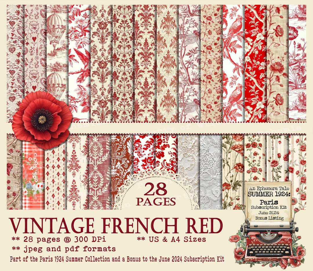 Red French Toile Paper: Seamless Damask Patterns Aper for Collage ...