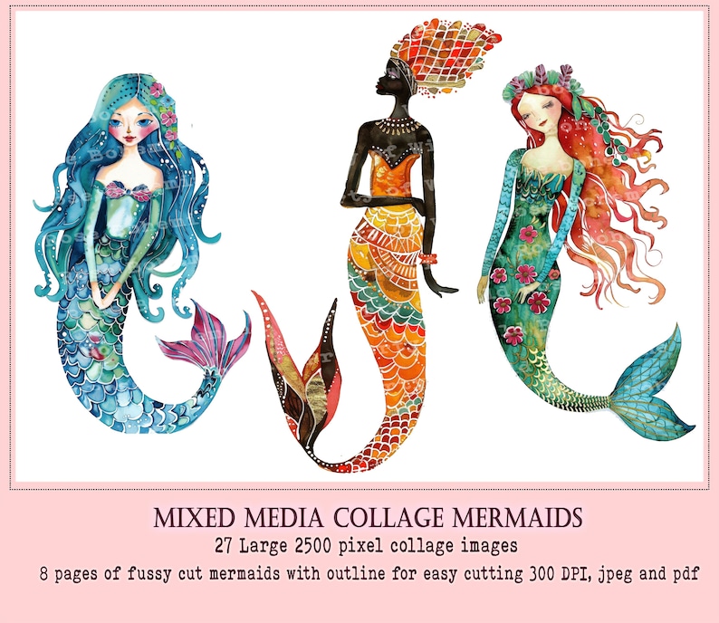 Painterly Artistic Mermaid Paperdolls, Mixed Media Collaged Paper Doll ...