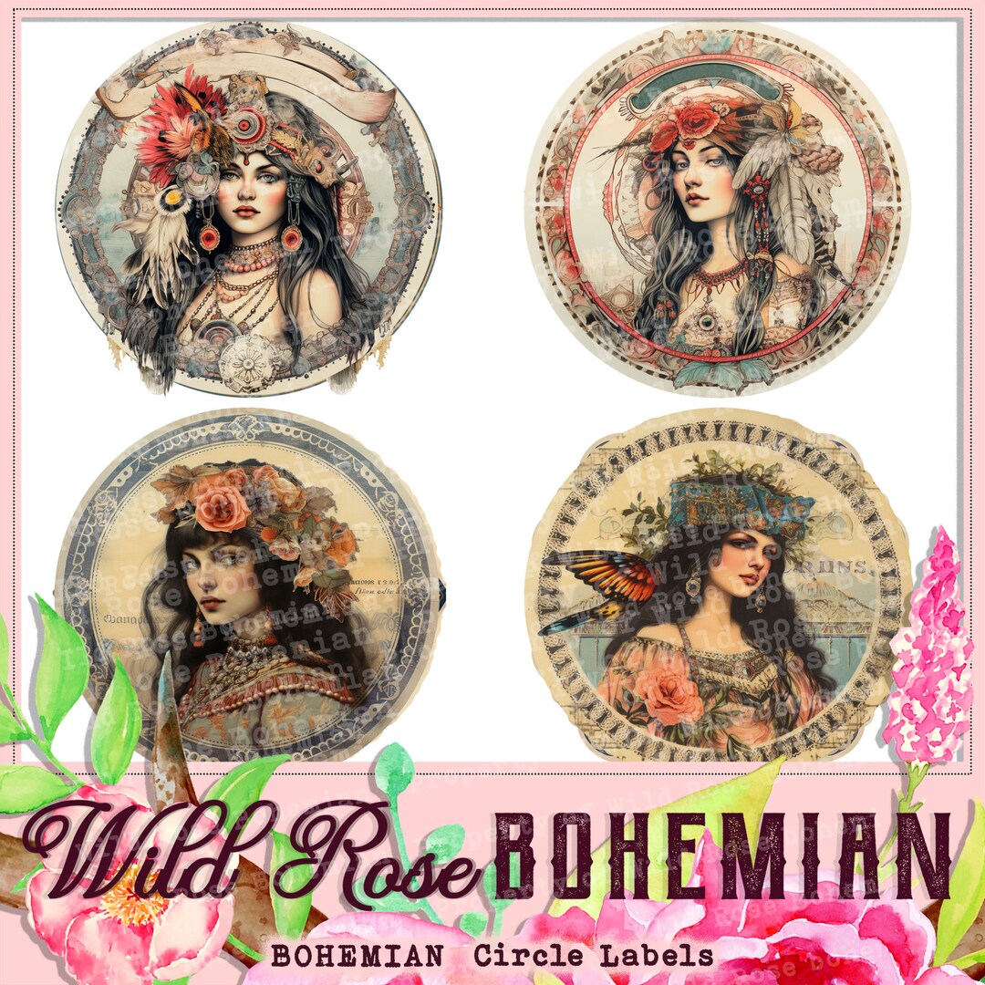 Bohemian Circle Labels, Vintage Labels Boho Girls, Round Labels, Round ...