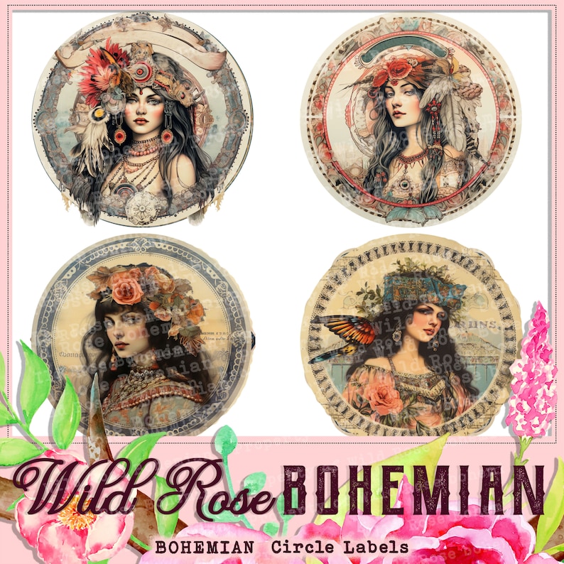 Bohemian Circle Labels, Vintage Labels Boho Girls, Round Labels, Round ...