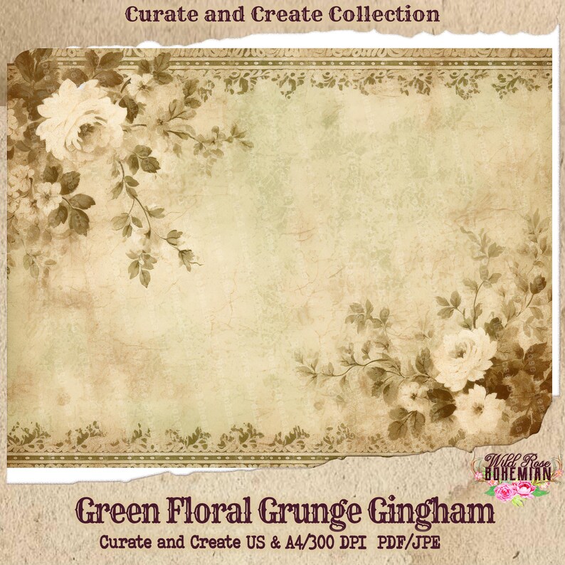 Green Floral Grunge Gingham Journal Paper, Green Check Scrapbookpaper ...