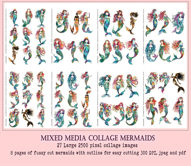 Painterly Artistic Mermaid Paperdolls, Mixed Media Collaged Paper Doll ...