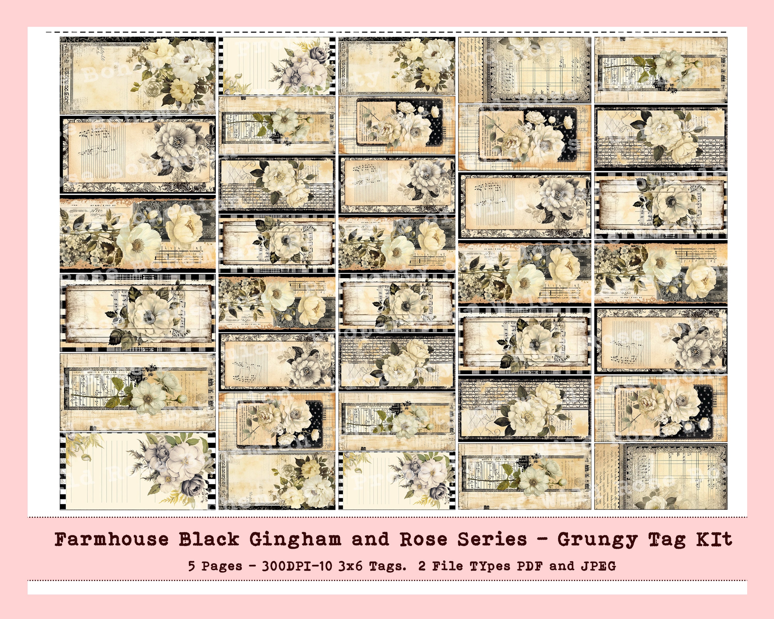 Farmhouse Black Gingham and Rose Hang Tags Cards, Farmhouse Printable ...