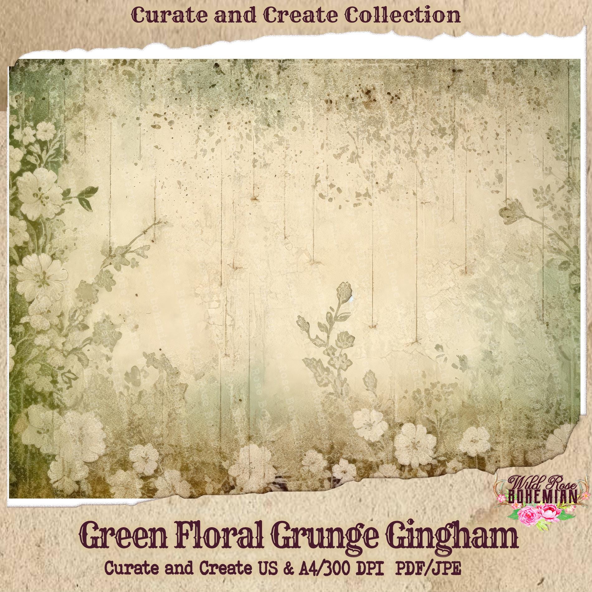 Green Floral Grunge Gingham Journal Paper, Green Check Scrapbookpaper ...
