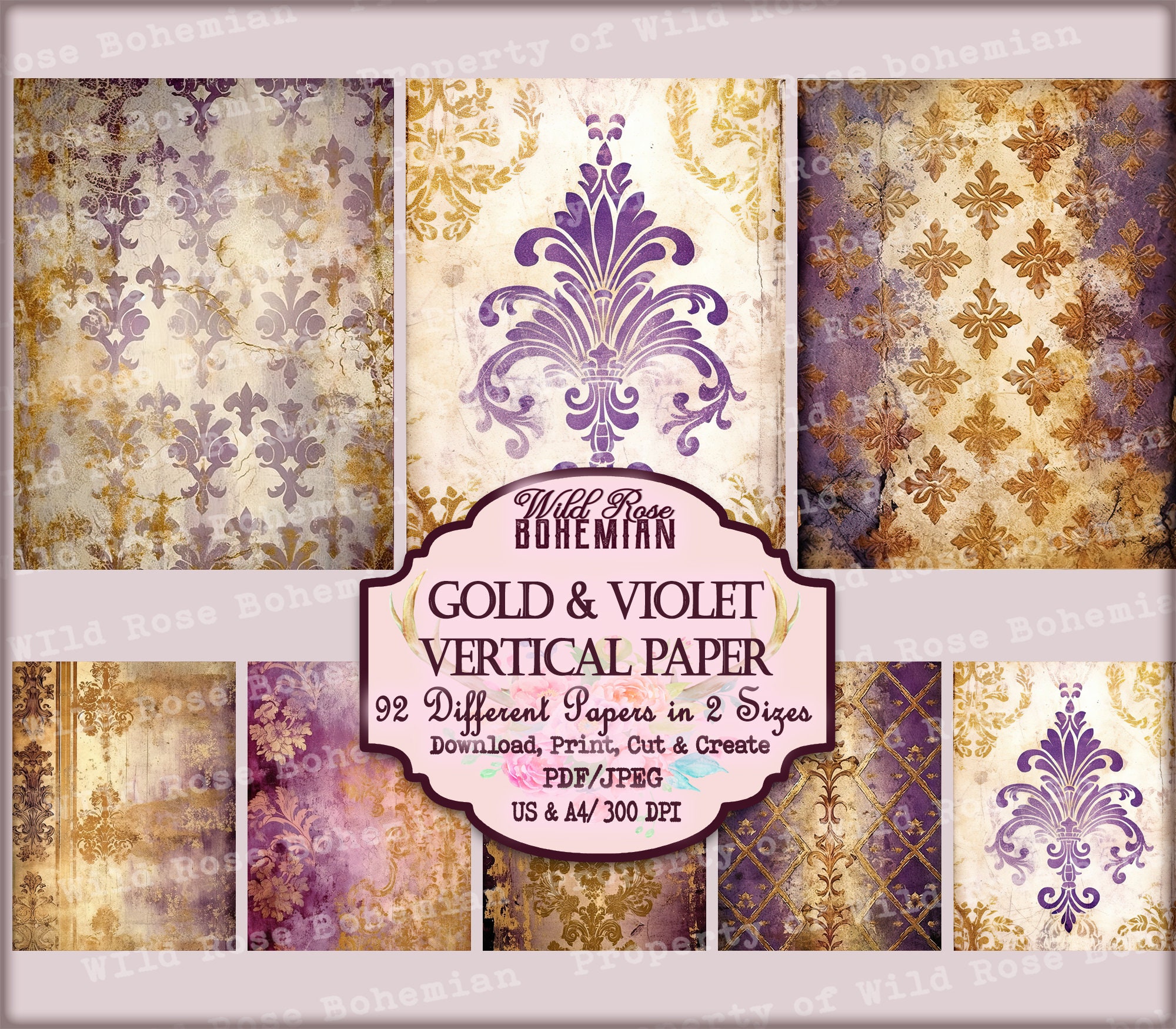 Purple and Gold Digital Printable Paper, Damask Violette and Gold ...