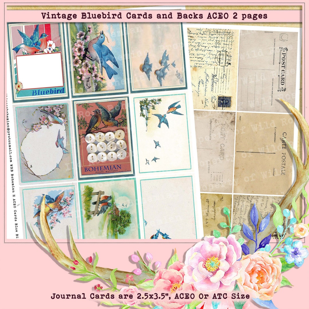 Vintage Ephemera Blue Bird of Happiness Printable Postcards Journal ...