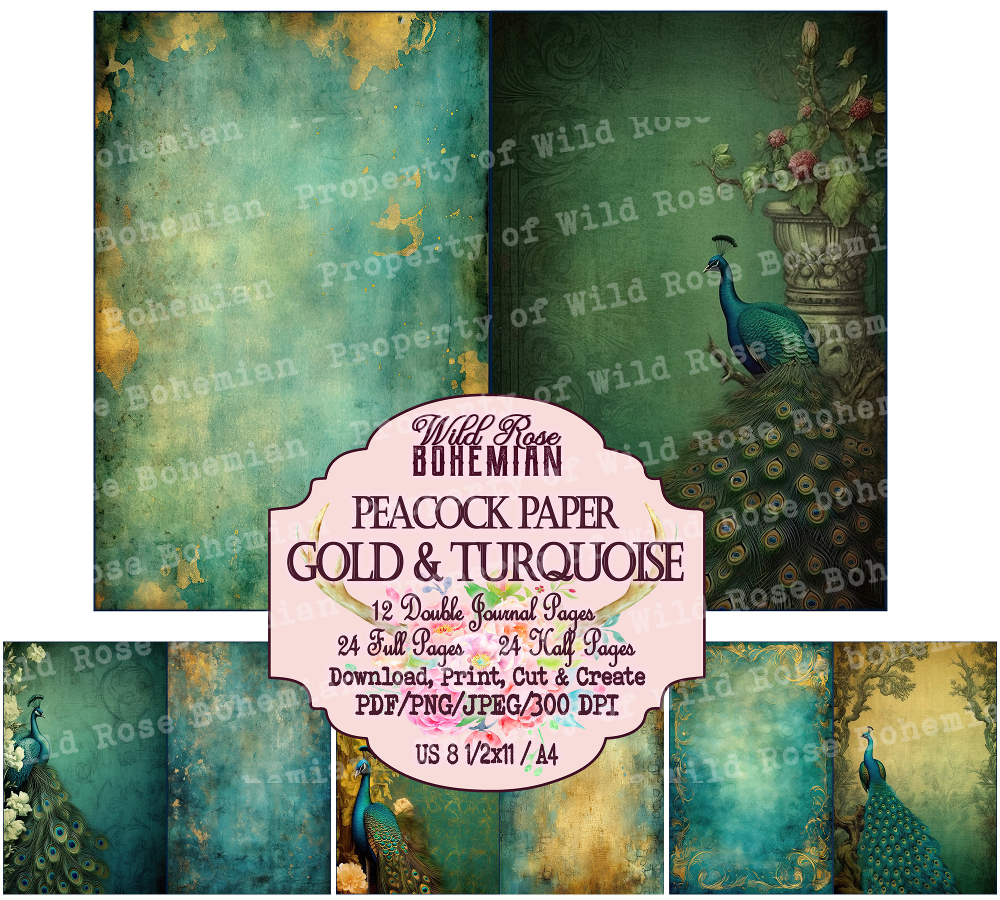 Turquoise and Gold Peacock Digital Paper, Art Deco Paper, Frames Art ...