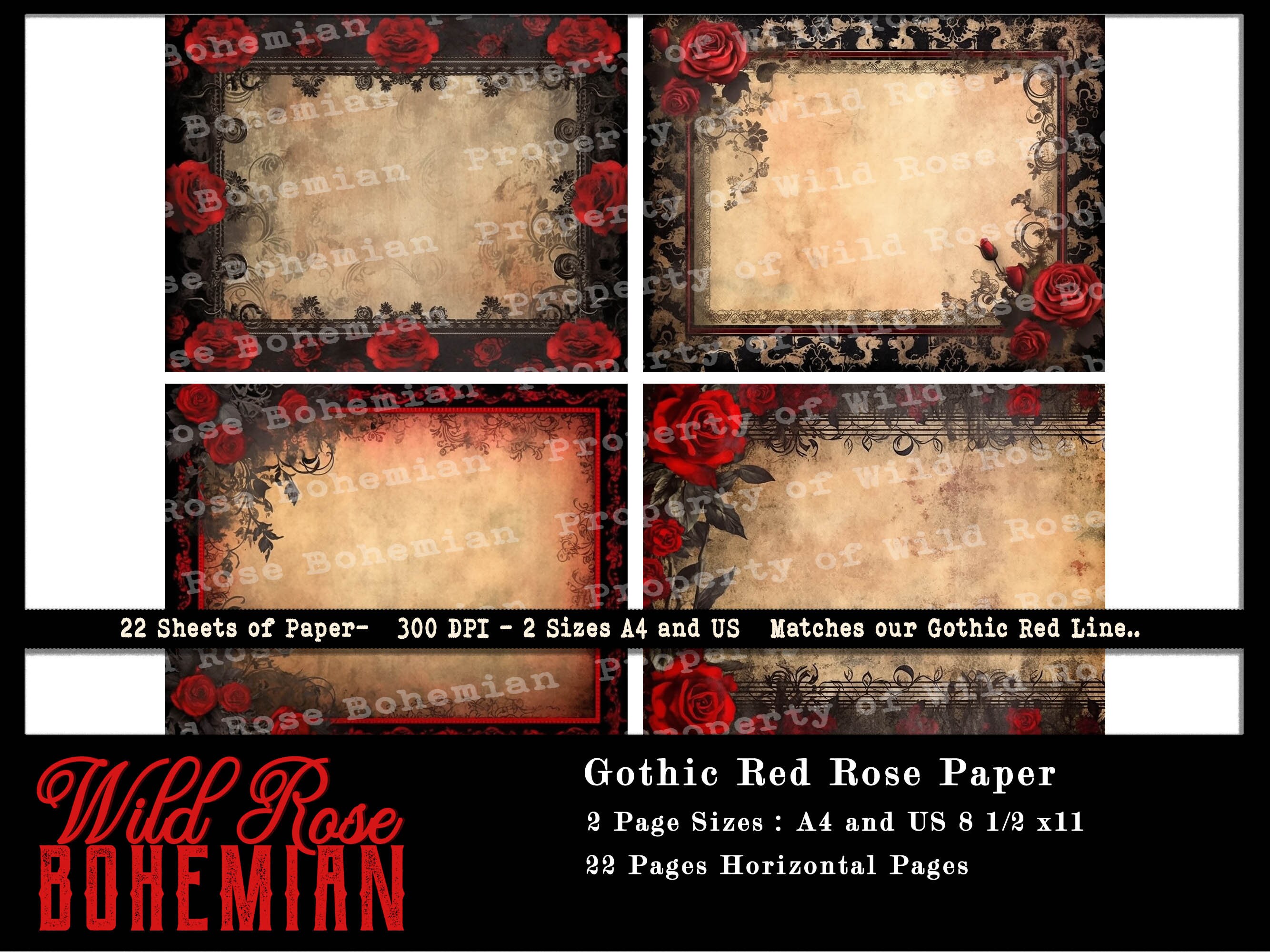 Gothic Junk Journal Paper, Red Rose Gothic Red Rose Ephemera, Red and ...
