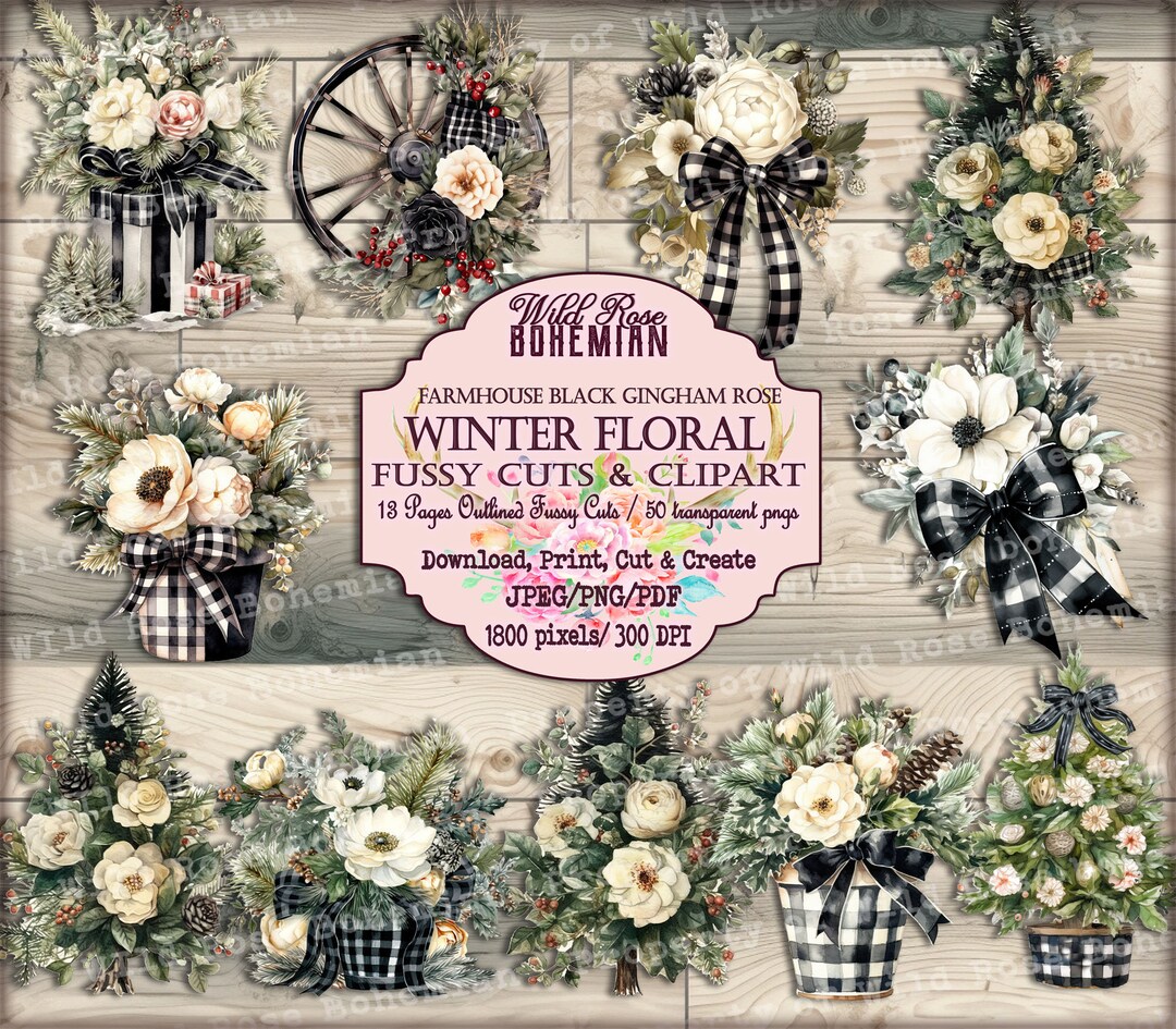 Farmhouse Holiday Floral, Winter Clipart and Transparent PNGS, Farm ...