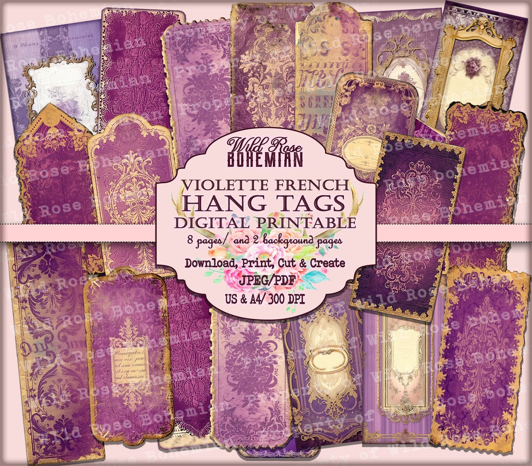 Vintage Violette Tags Junk Journal Ephemera Kit, Vintage Floral Tags ...