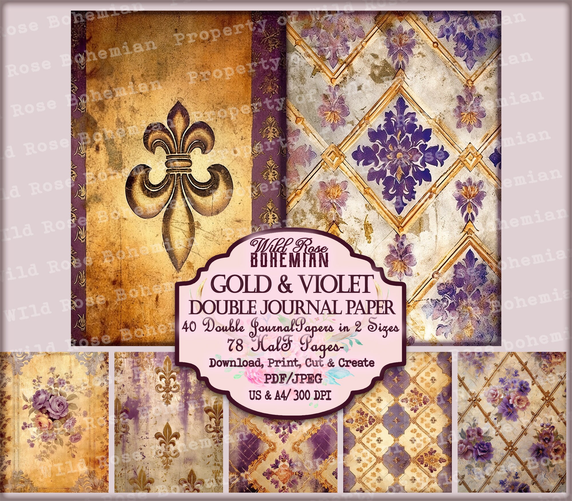 Purple and Gold Digital Printable Paper, Damask Violette and Gold ...