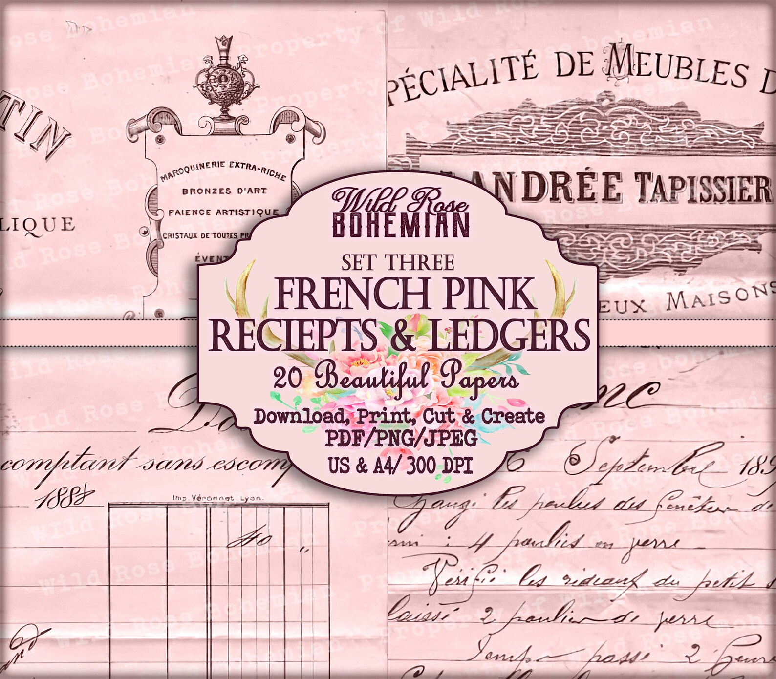 Pink French Receipt Ephemera: Vintage Printable Paper (PDF) - Etsy