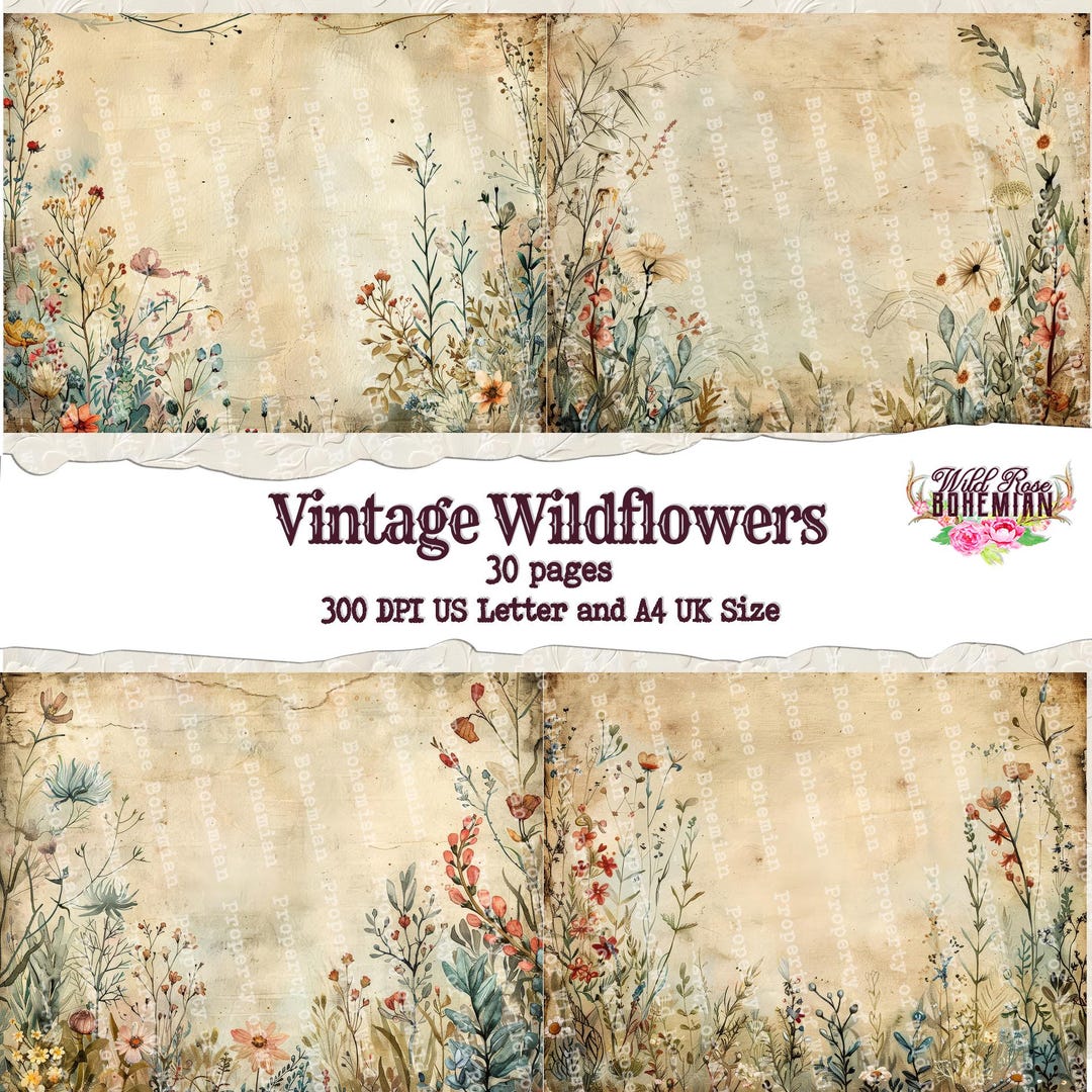 Vintage Wildflower Digital Paper: Floral Junk Journal Printable ...