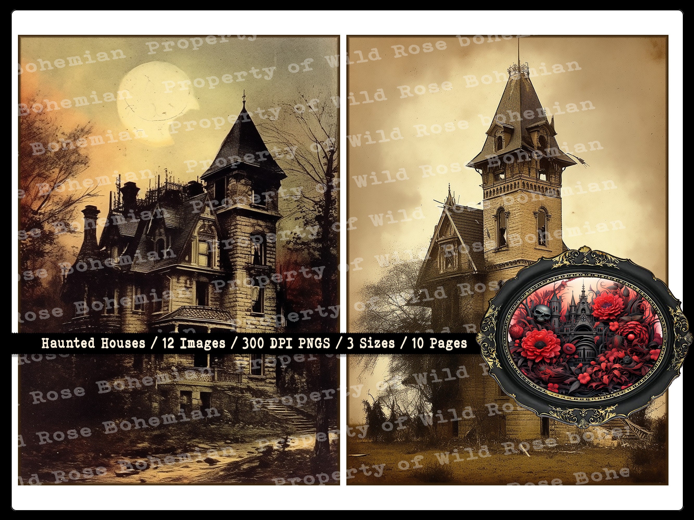 Haunted Houses Printable Cards Haunted Halloween Junk - Etsy