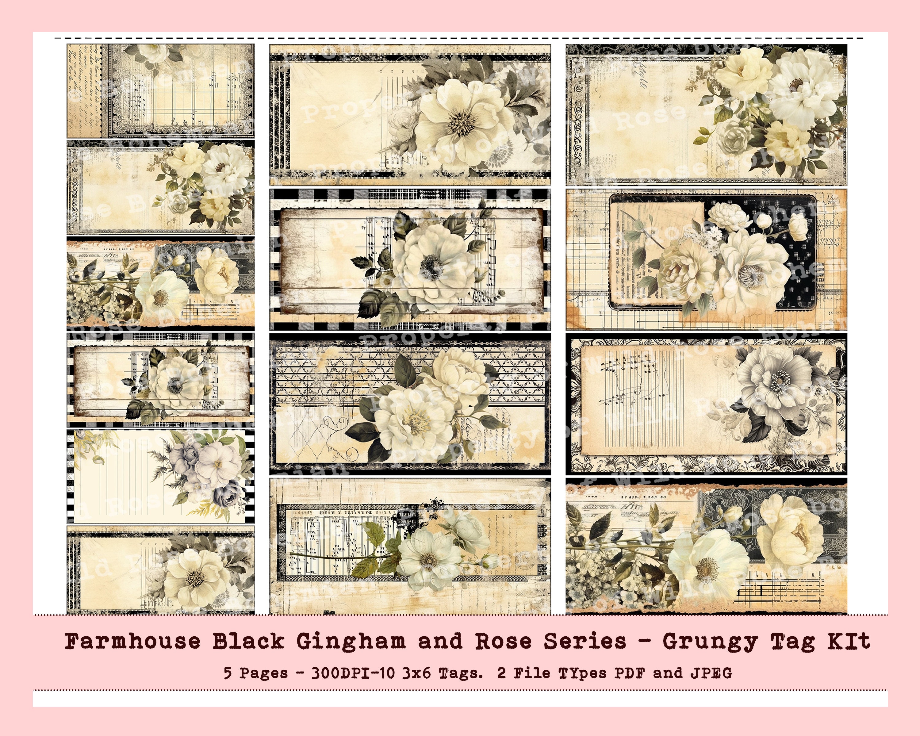 Farmhouse Black Gingham and Rose Hang Tags Cards, Farmhouse Printable ...