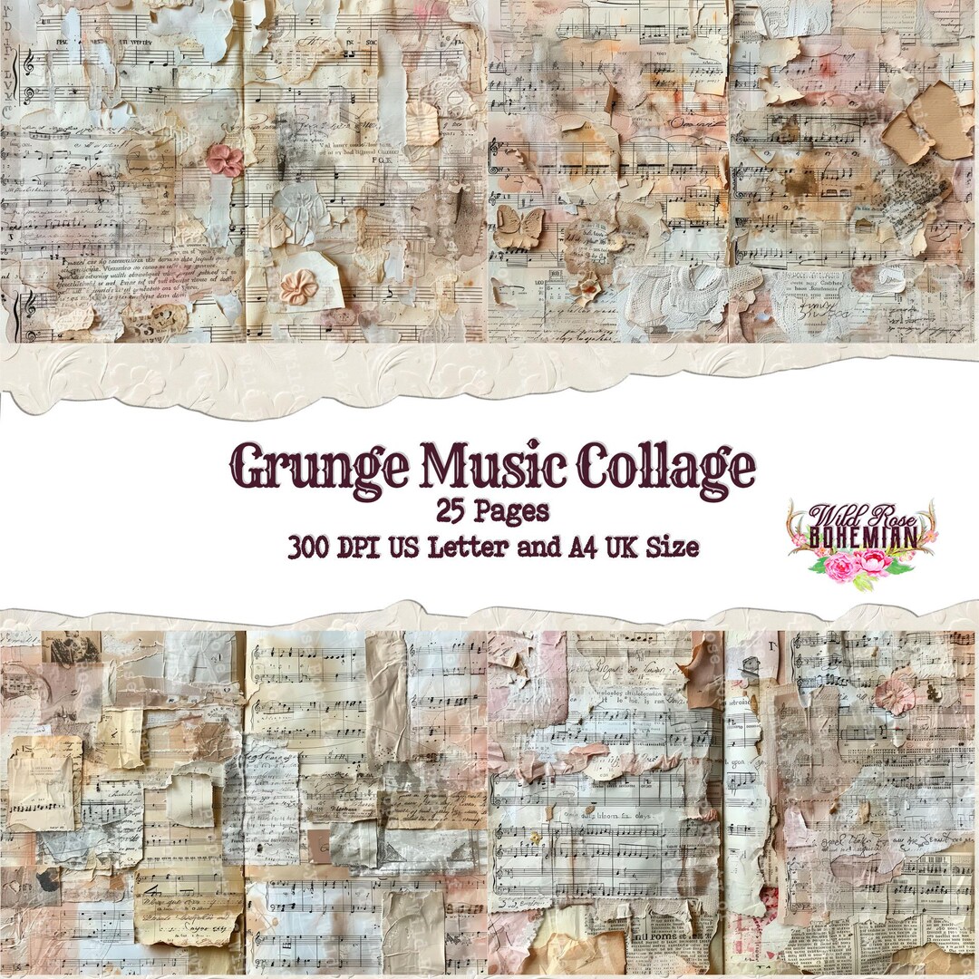Grunge Music Collage Paper: Vintage Junk Journal Ephemera (digital ...