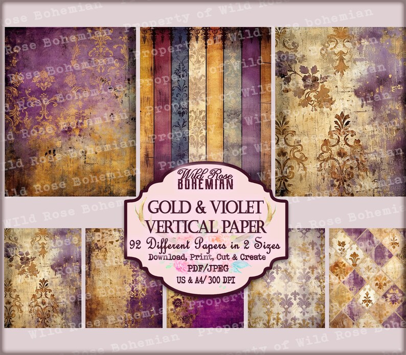 Purple and Gold Digital Printable Paper, Damask Violette and Gold ...