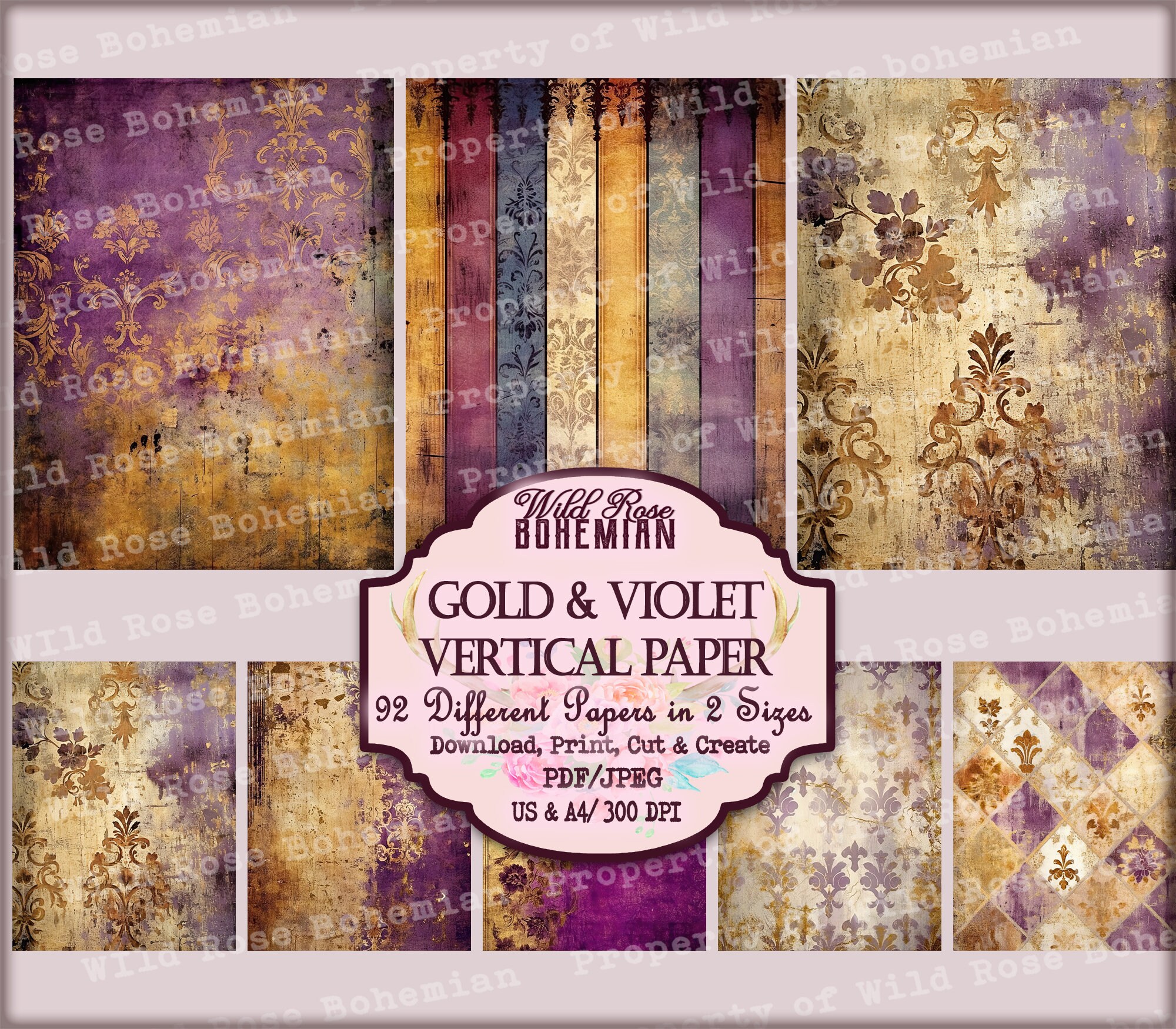 Purple and Gold Digital Printable Paper, Damask Violette and Gold ...