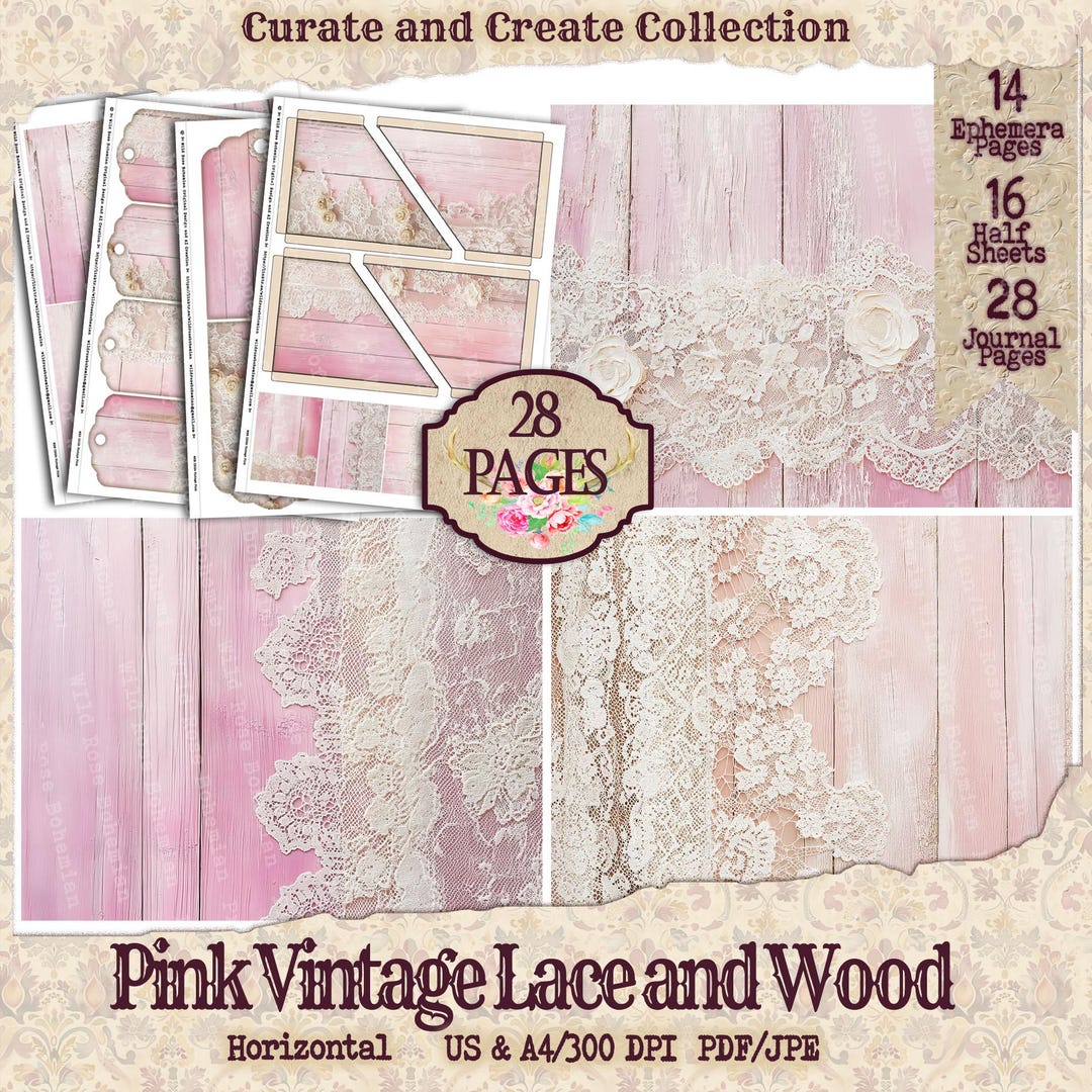 Lace and Pink Distressed Wood Journal Paper | Junk Journal | Printable ...