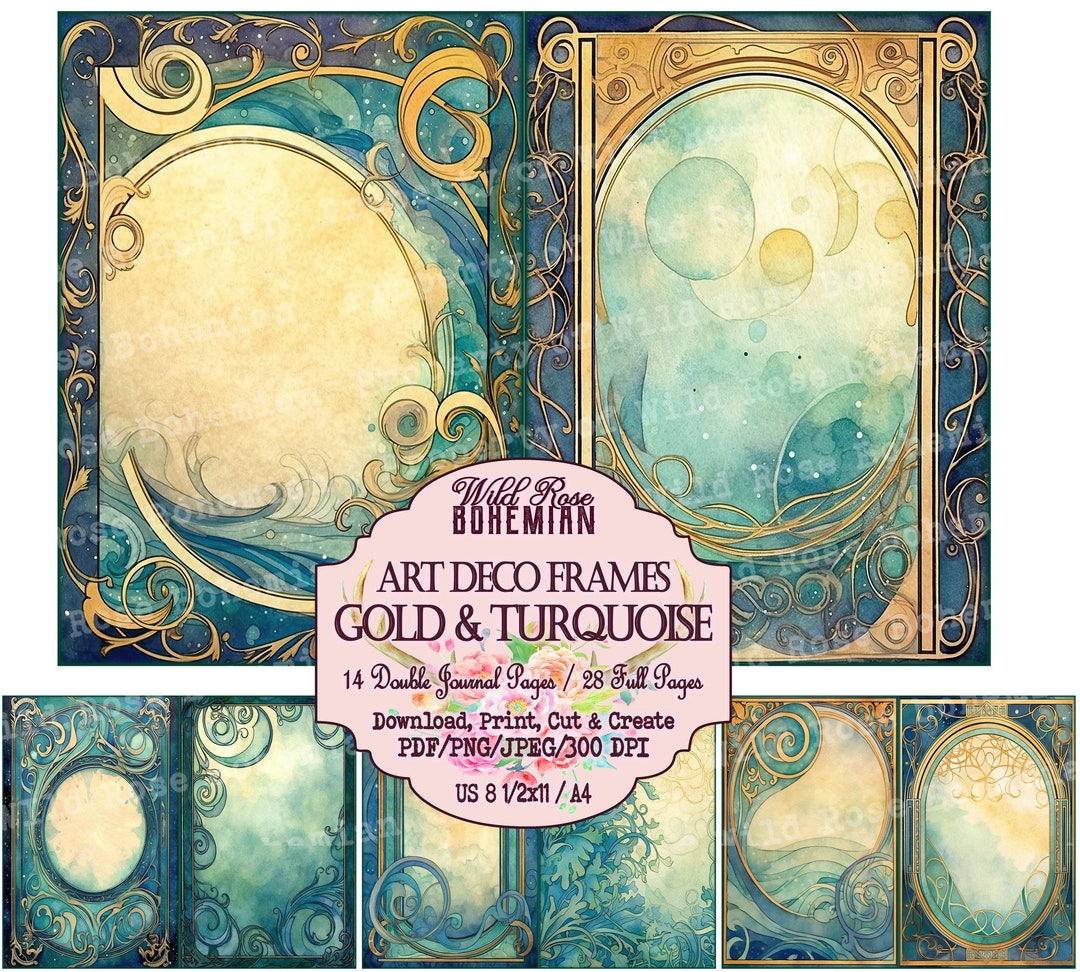 Turquoise and Gold Frames Digital Paper, Art Deco Paper, Frames Art ...