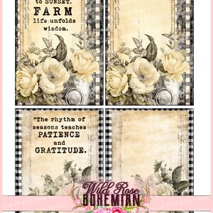 Farmhouse Black Gingham and Rose ATC Cards, Farmhouse Printable Quotes ...