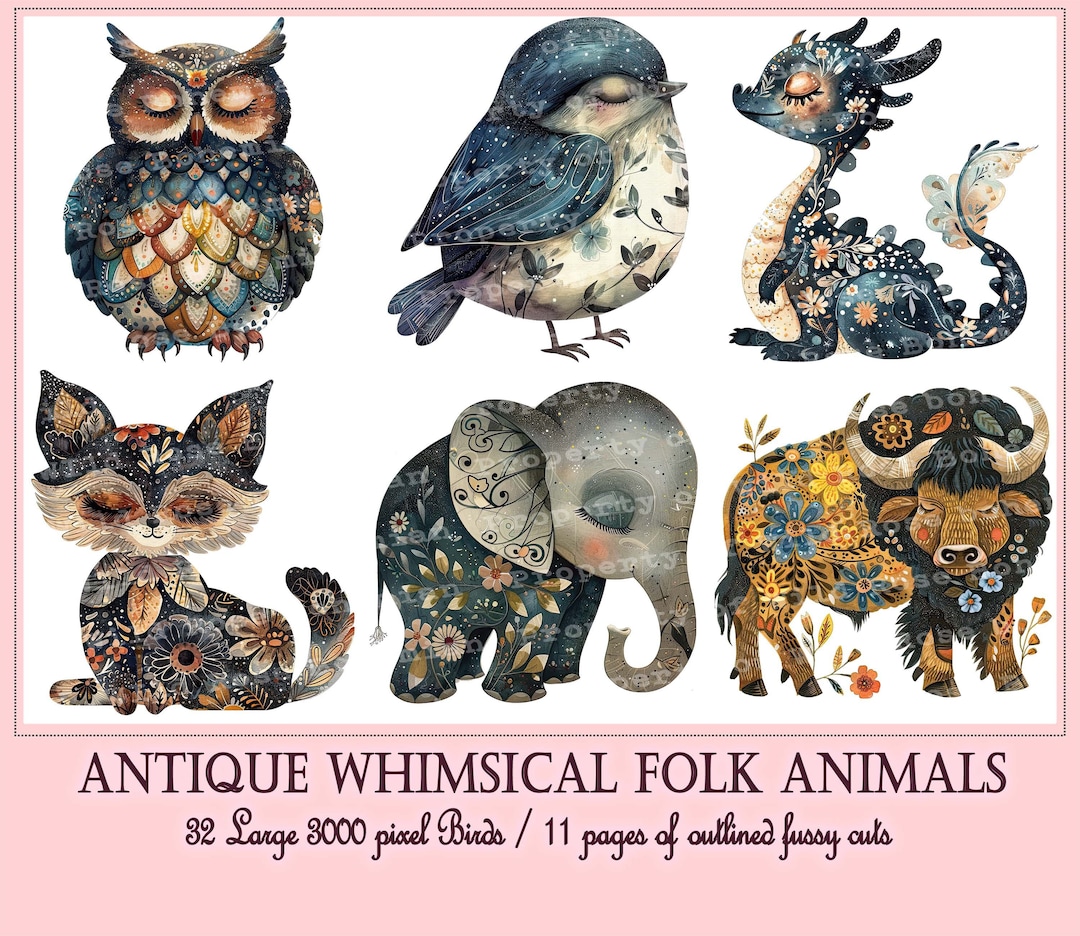 Folk Art Animals Clipart: Whimsical Animal PNG Stickers, Junk Journal ...