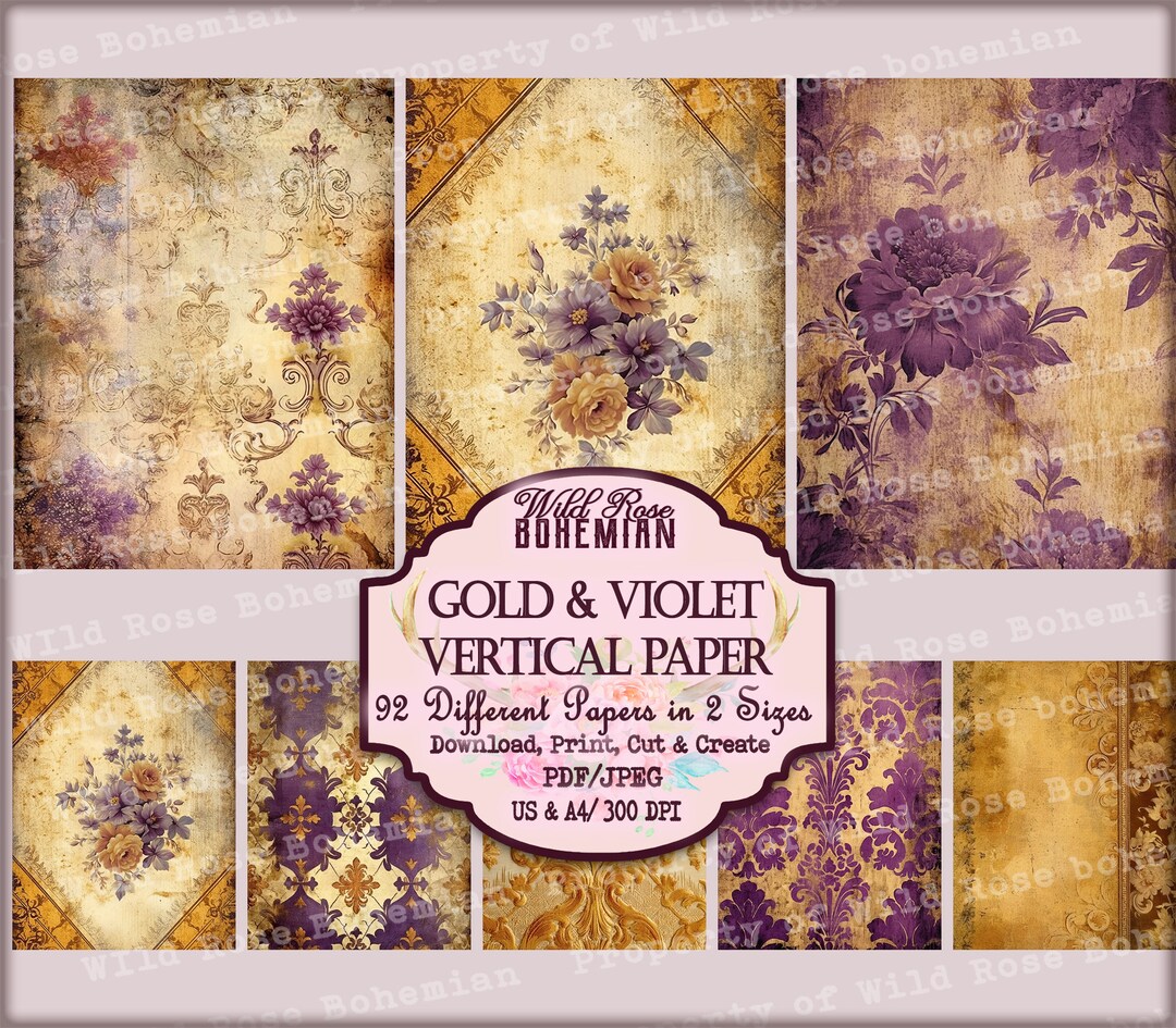 Purple and Gold Digital Printable Paper, Damask Violette and Gold ...