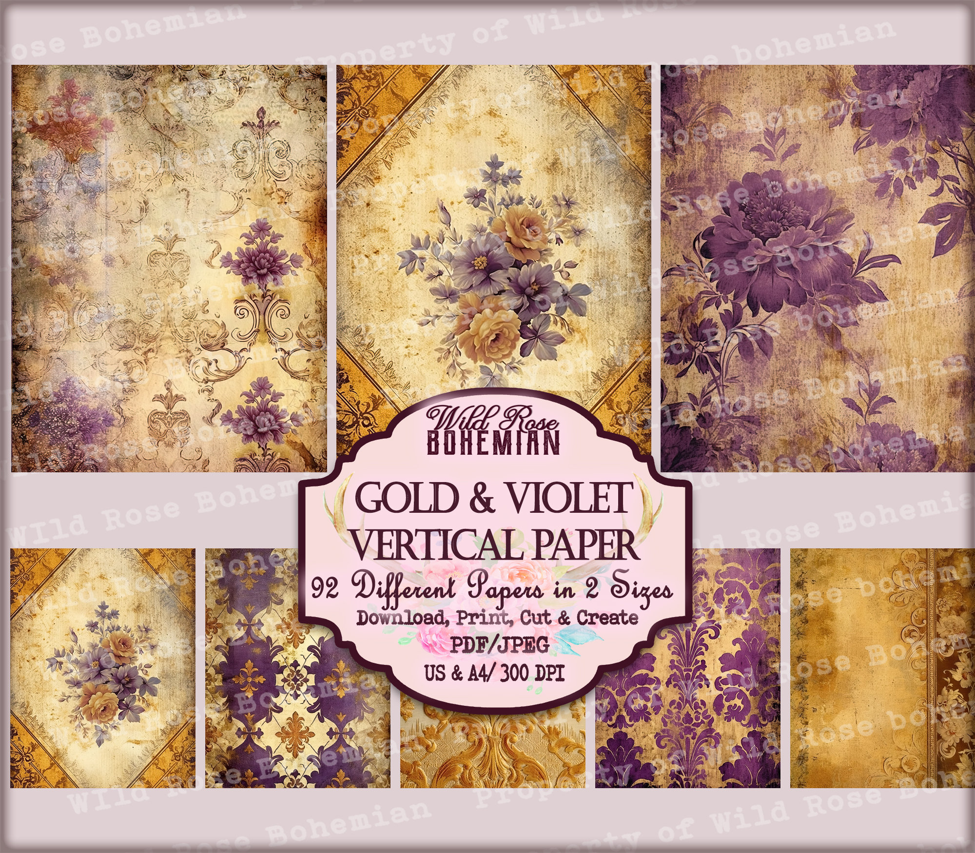 Purple and Gold Digital Printable Paper, Damask Violette and Gold ...