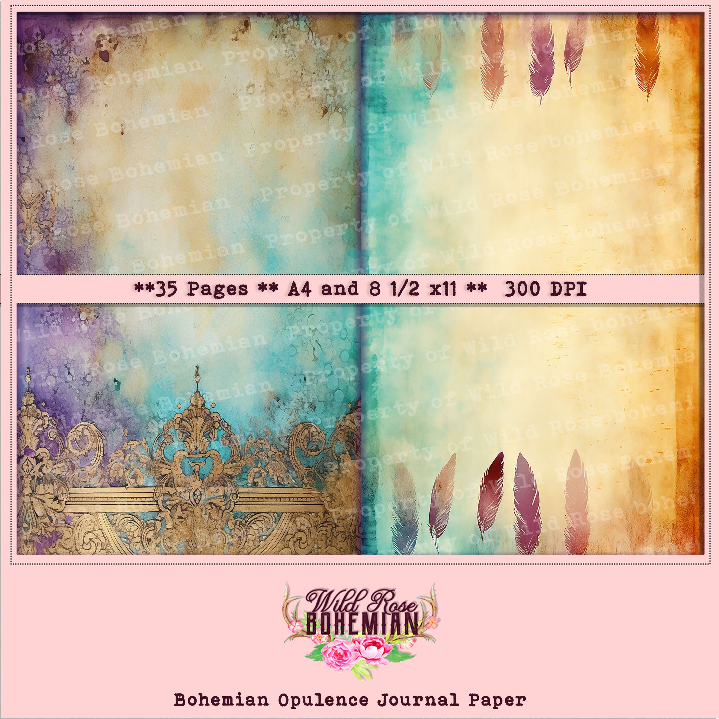 Boho Junk Journal Paper, Bohemian Junk Journal Paper, Feather Journal ...