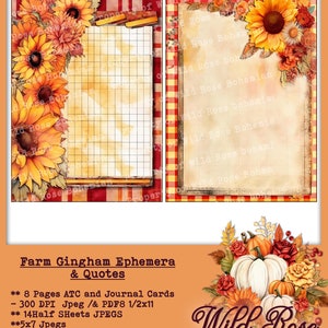 Farm Gingham Floral Paper and Ephemera, Farm Gingham Clipart, Autumn ...