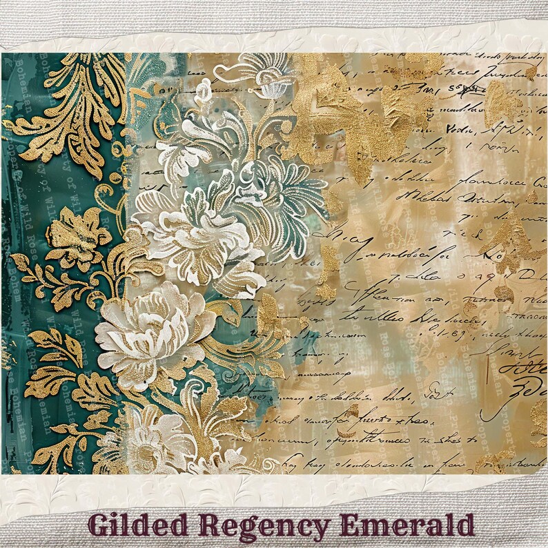 Baroque Floral Scrapbook Paper, Gilded Emerald Green Ornamental Regency ...