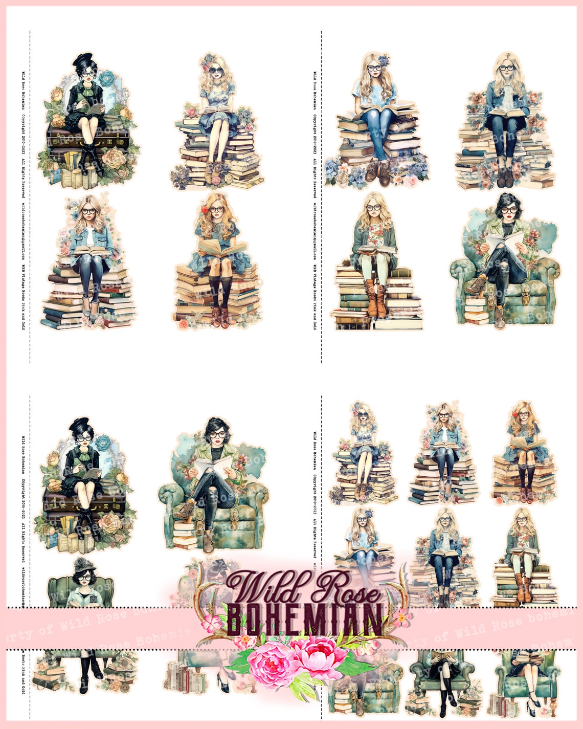Shabby Chic Books and Girls PNG, Librarian Clipart, Bookworm Graphics ...