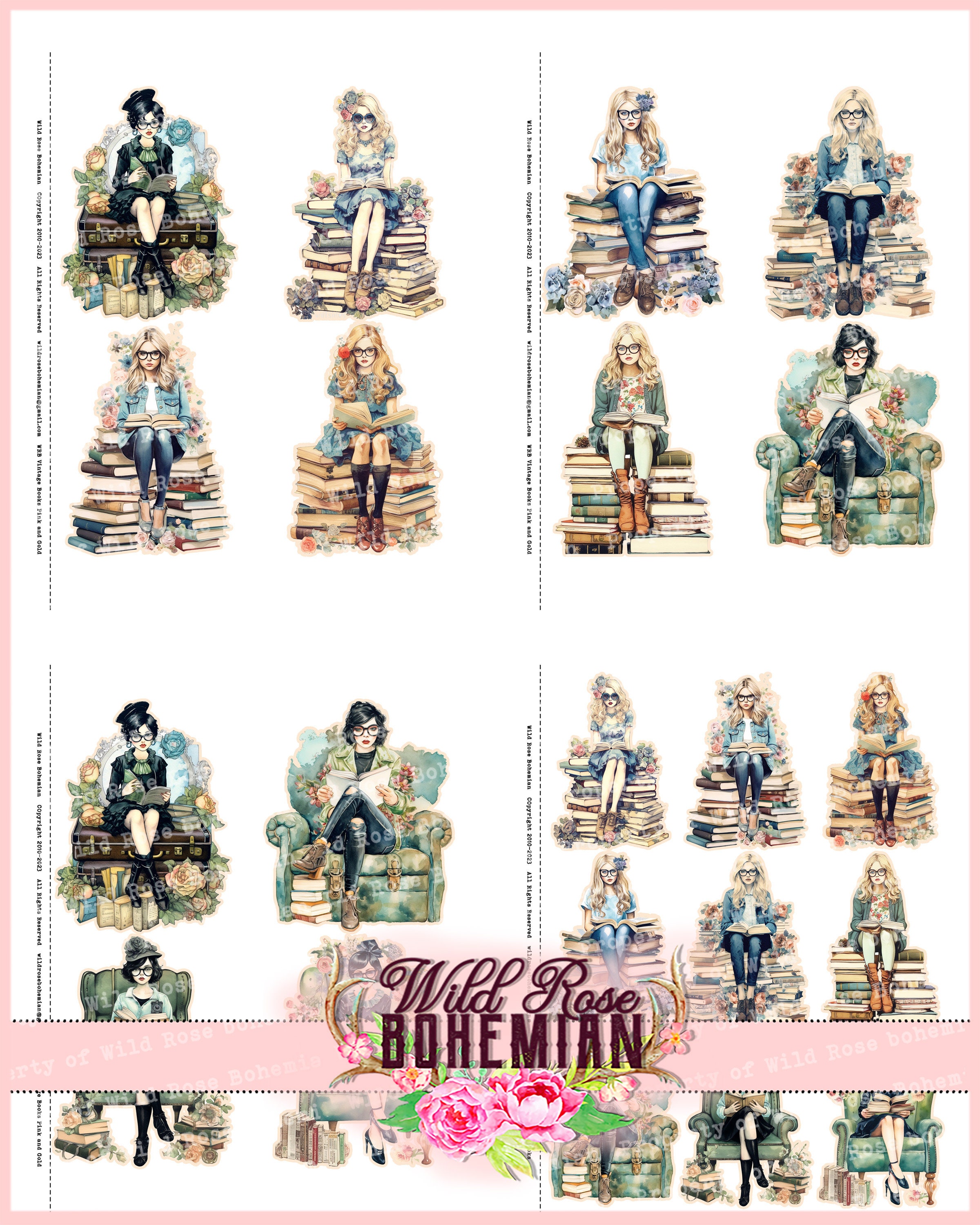 Shabby Chic Books and Girls PNG, Librarian Clipart, Bookworm Graphics ...