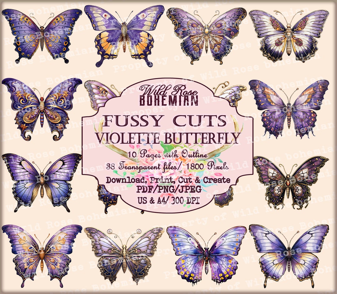 Butterfly Clipart, Ornate Transparent Butterfly PNGS, Vintage Violet ...