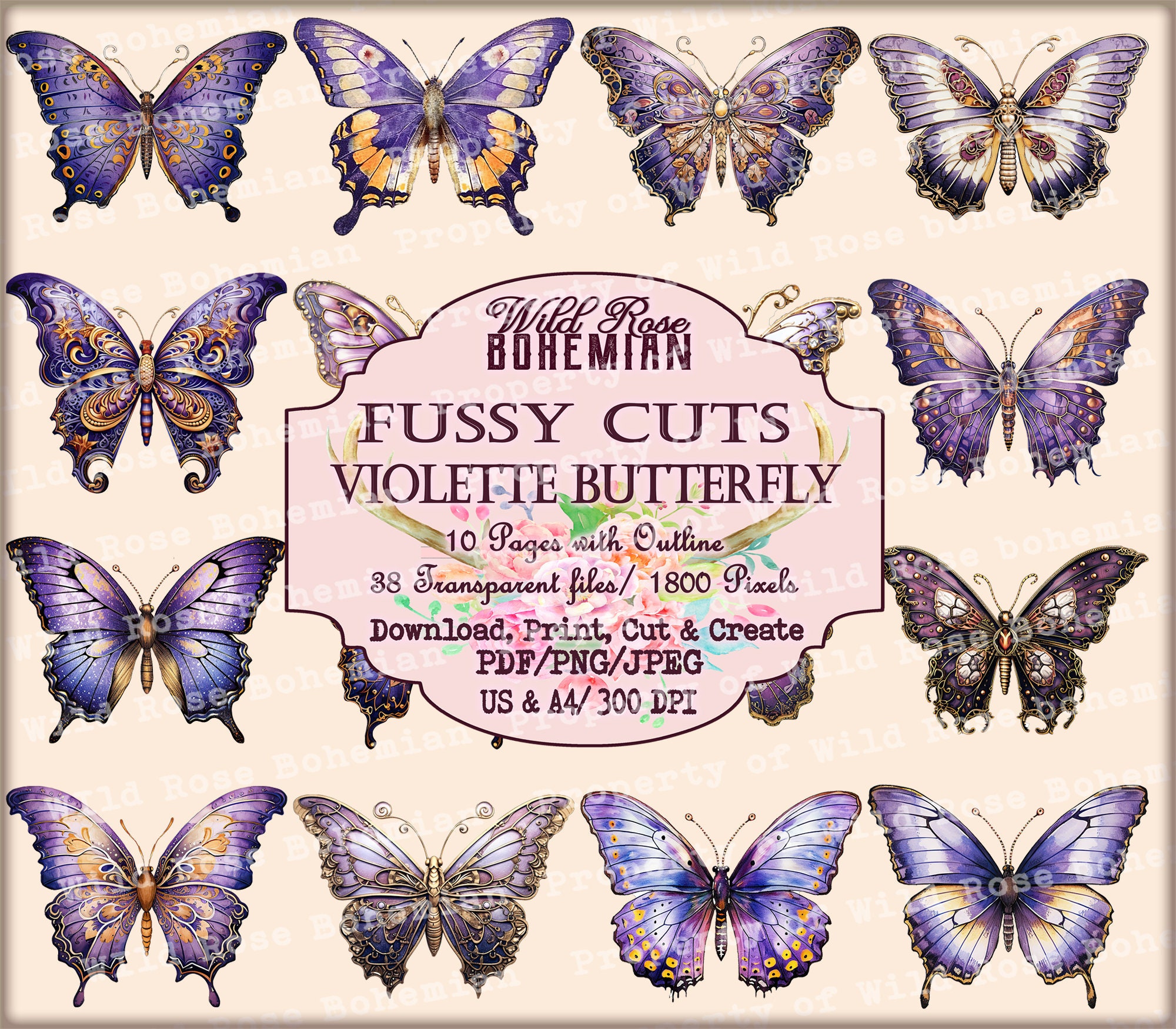 Butterfly Clipart, Ornate Transparent Butterfly PNGS, Vintage Violet ...