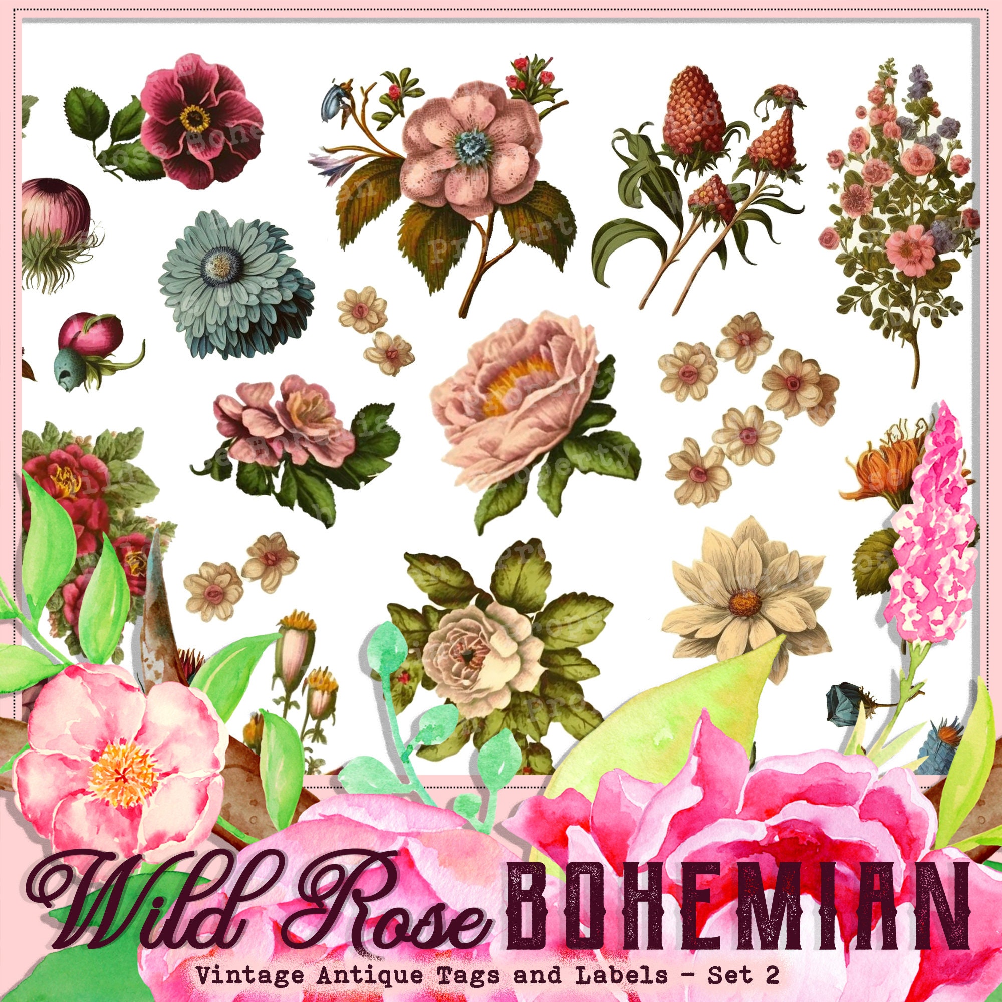 Junk Journal Ephemera Kit Vintage Roses, Printable Shabby Chic Roses ...